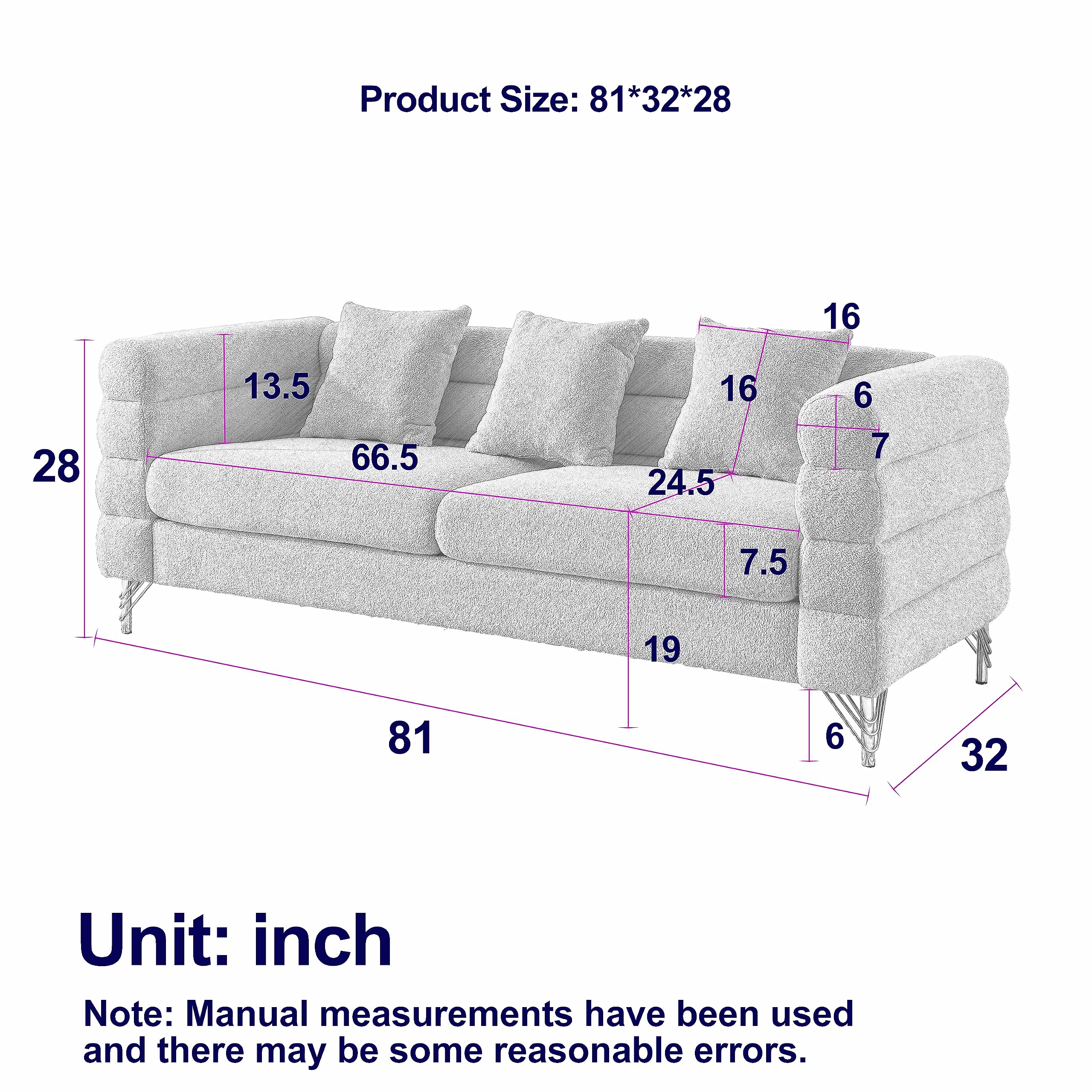KATBOC Sofa Oversized 3 Seater Sofa 81-inch Modern Living Room Sofa Couch Teddy Fabric Upholstered Sofa Deep Seat Couch with 3 Pillows for Living Room Bedroom (White)