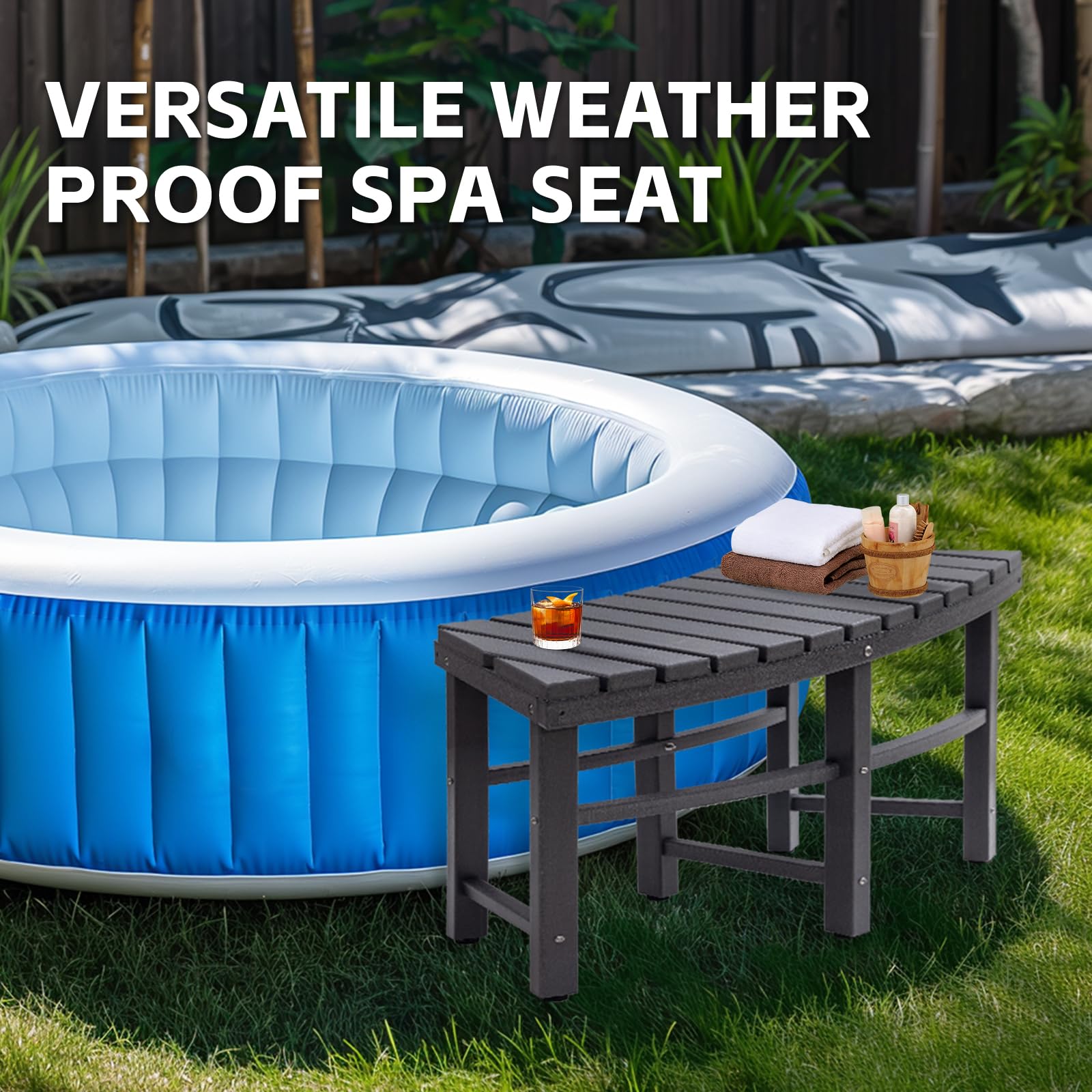 SwiftSlot Hot Tub Table, HDPE Pool Bench, 26''H Waterproof Spa Surround Bench, Durable Weather Resistant Curved Outdoor Bench, Grey