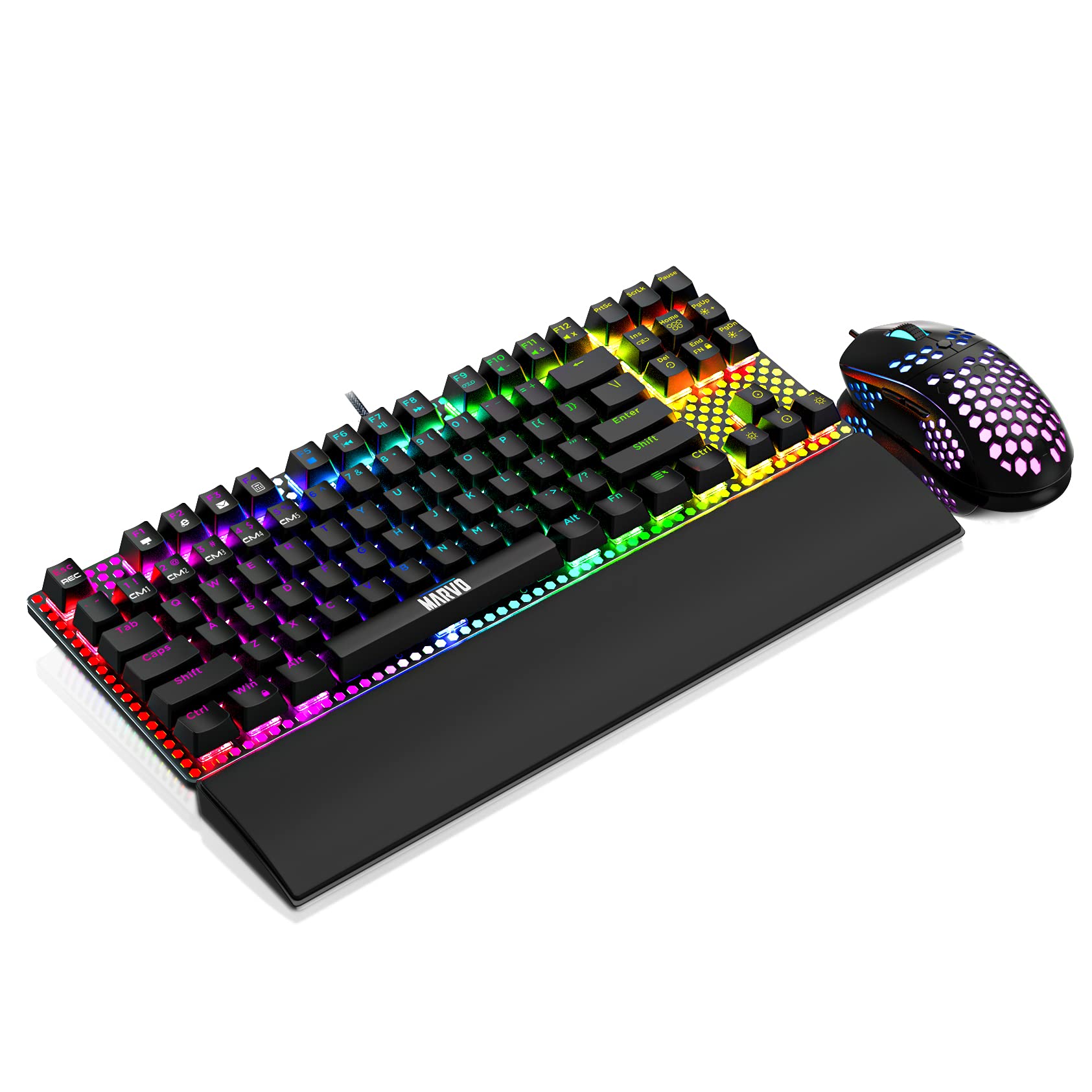 MARVO CM373 Honeycomb Gaming RGB Mechanical Keyboard & Mouse Combo, Wired Gaming Keyboard with Detachable Wrist Rest, 87 Keys NKRO, 6400 DPI 6 Programmable Mouse, for Windows and Mac, Red Switch