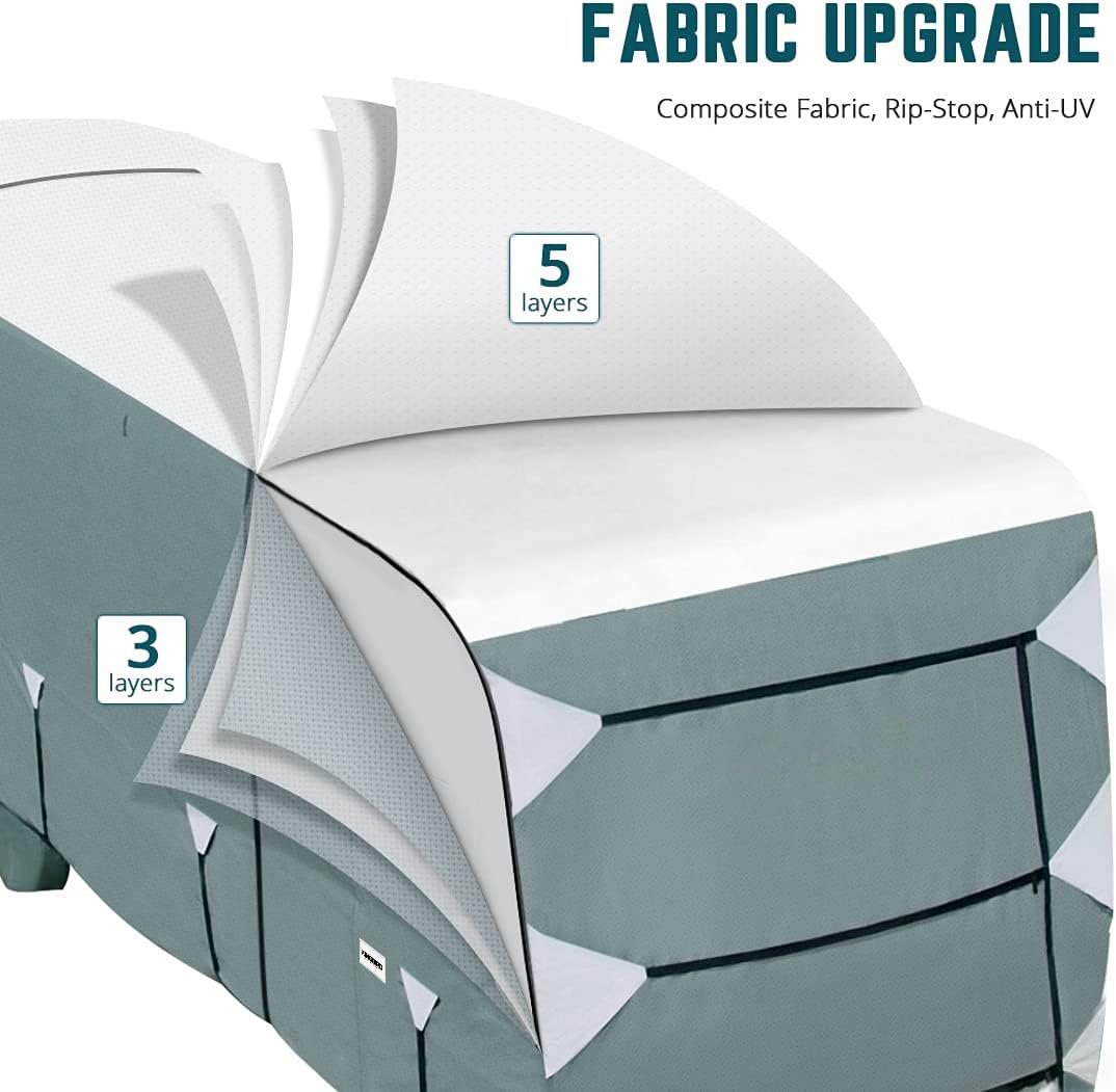 KING BIRD Upgraded Travel Trailer RV Cover, Heavy Duty 5 Layers Tearstop-Tec™ Anti-UV Top Panel, Durable Camper Cover, Fits 26.8'-29.8' Motorhome-Breathable, Water-Repellent, Rip-Stop