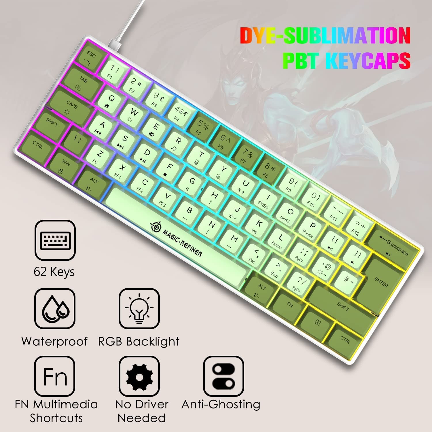Small Mechanical Gaming Keyboard Type-c Wired with PBT Dye-subbed Keycaps Rainbow RGB Backlit 60% Layout Full Anti-Ghosting 62 Key Ergonomic for Typist Laptop PC Mac Gamer (Green Mix/Red Switch)