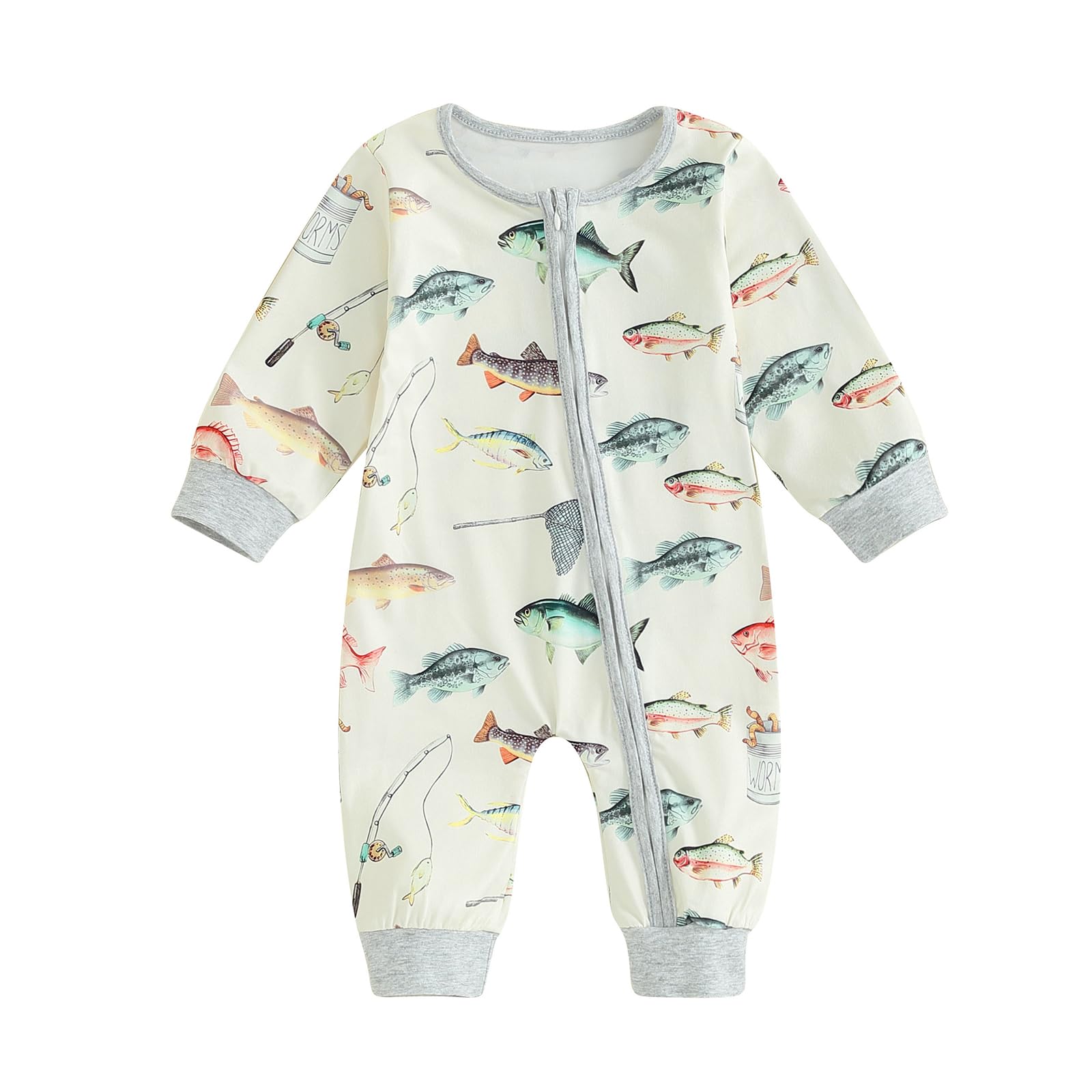 Lamuusaa Western Baby Girl Boy Clothes Long Sleeve Cow Print Romper Zipper Bodysuit Jumpsuit One Piece Fall Winter Outfit (Fish-White, 0-6 Months)