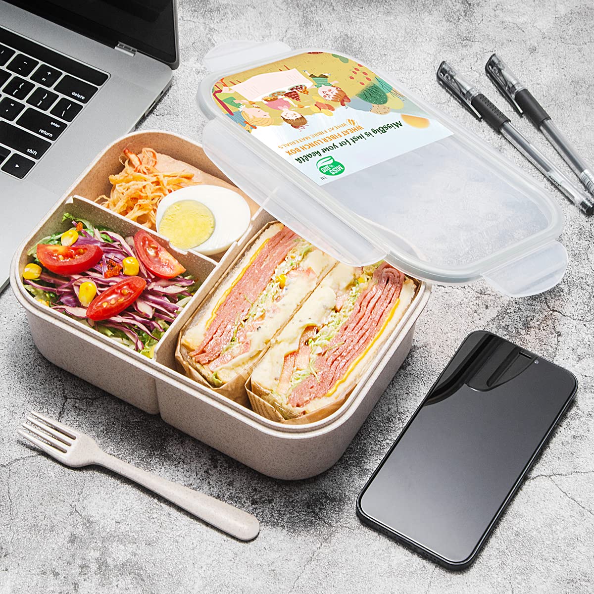 MISS BIG® Lunch Box,Bento Box,Bento Box for Adults,Bento Lunch Box for Adults,Leak Proof,No BPAs and No Chemical Dyes,Dishwasher and Microwave Safe Lunch Containers for Adults (White L)