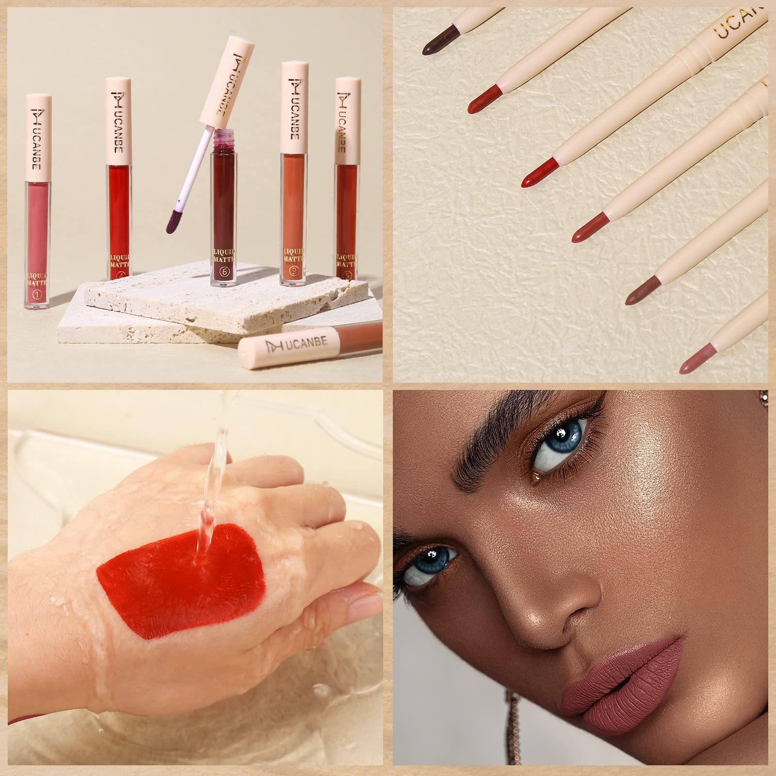 UCANBE 13pcs Lipstick Makeup Kit, 6 Matte Liquid Lip Sticks + 6 Lip Liner Pens + 1 Lip Primer, LADY'S NIGHT All in One Waterproof Long Lasting Lips Color Gloss Make up Gift Set