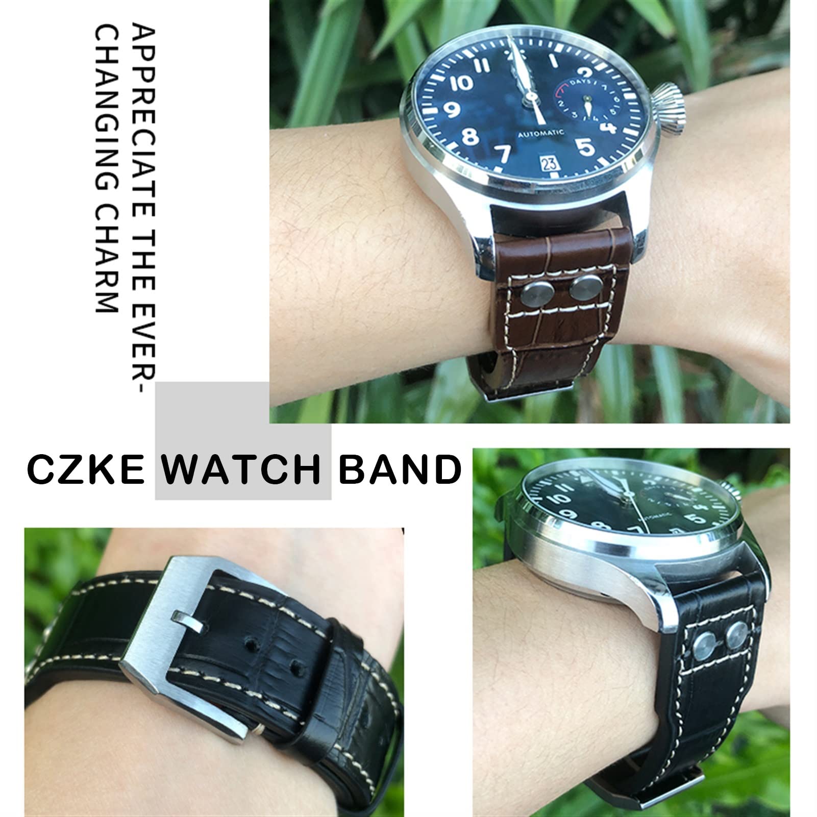 JWTPRO for IWC IW3777 IW3270 Mark 18 Big Pilotās Watch Strap Soft Cowhide Bracelets 20mm 21mm 22mm Leather Watch Band (Color : Black Rivet Silver, Size : 20mm)