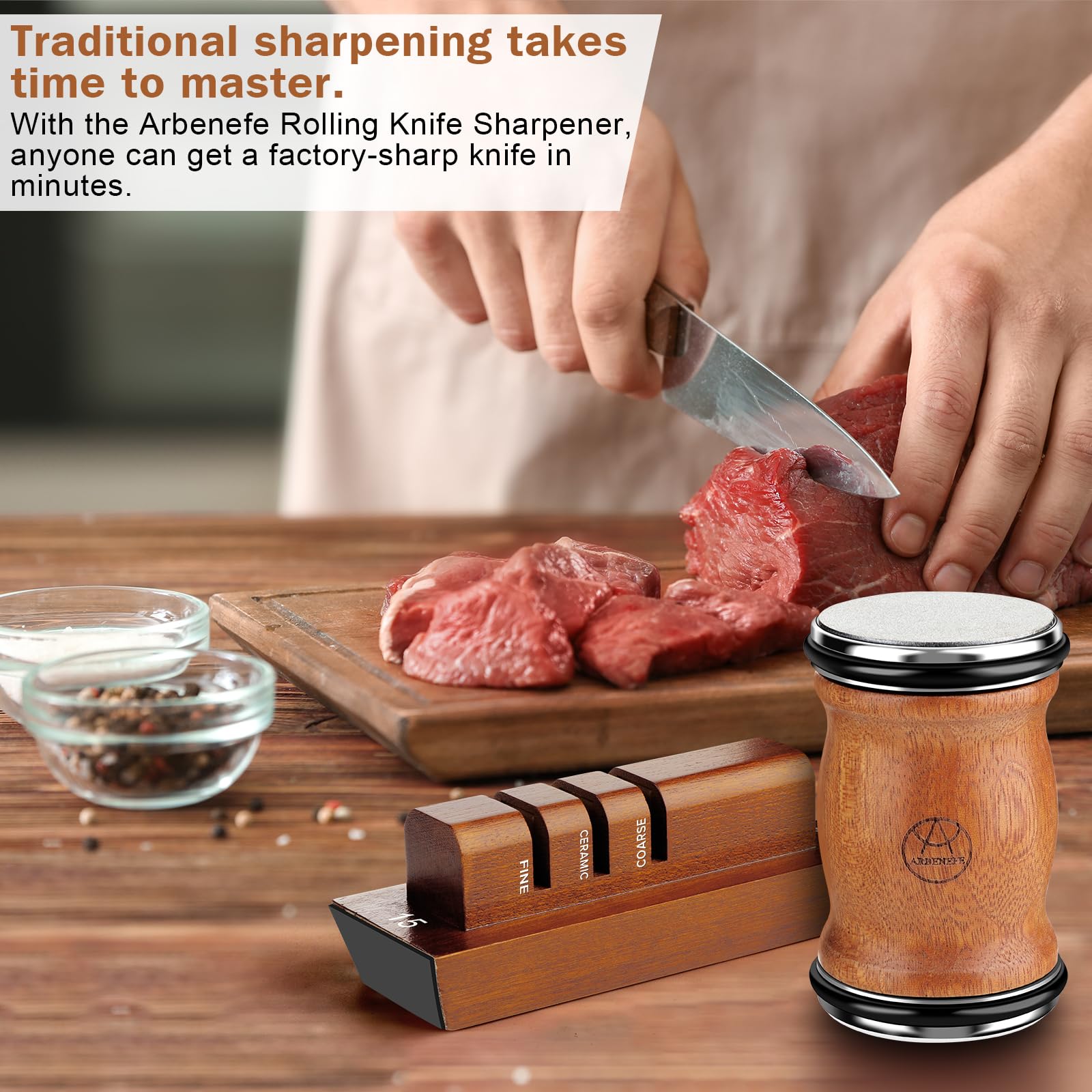 Rolling Knife Sharpener Tool Kit, 5-in-1 Knife Sharpening for Steel of any Hardness, Magnetic Base with Two Fixed Angles - 15°&20°,Wooden Roller with Diamond and Ceramic Discs
