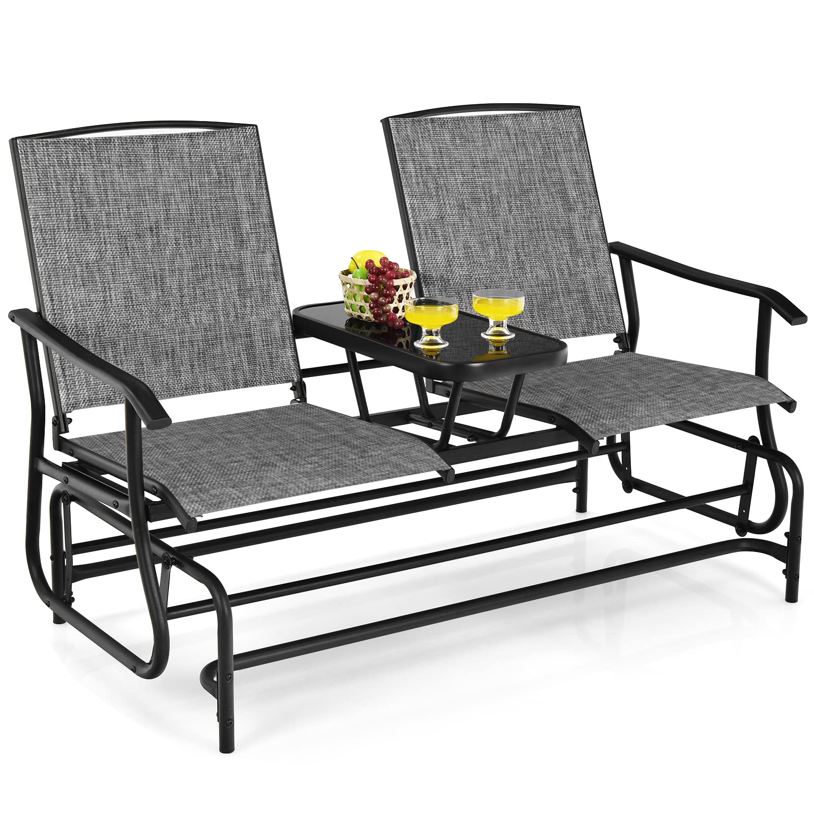 Tangkula 2 Person Swing Glider Chair, Patio Rocking Loveseat w/Center Tempered Glass Table, Outdoor Swing Bench w/Steel Frame & Breathable Mesh Fabric for Porch, Balcony, Poolside (Grey)