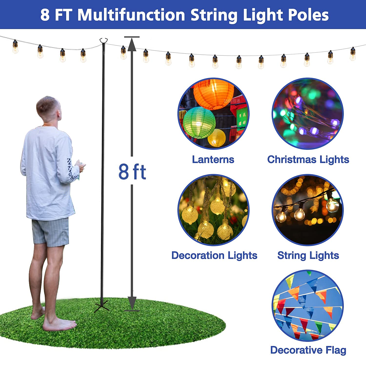MARVOWARE 3 Functions String Light Poles for Outdoors, Metal Poles with Hooks,Light Poles for Outside House Garden Patio Wedding Cafe Party (2 Pcs)