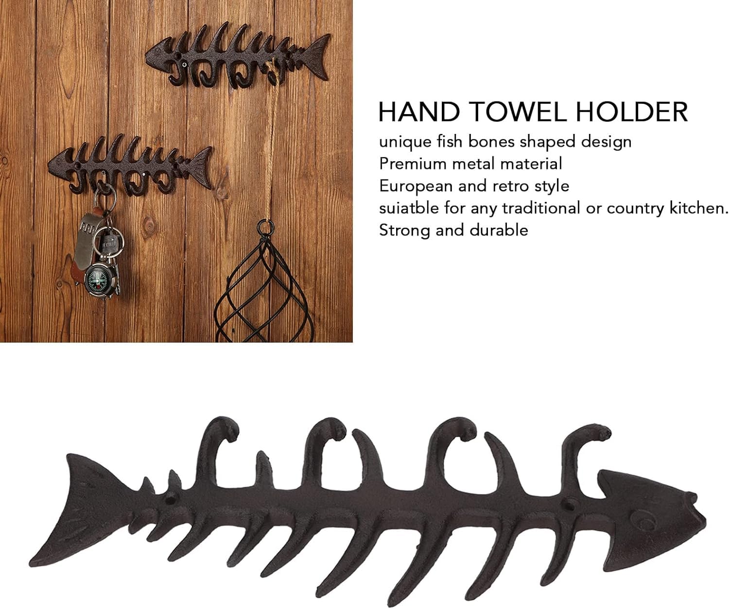 Wusdayer Fish Bones Rack Wall Mounted,Fish Decor Outdoor Towel Hooks,4 Hooks European Style Towel Metal Hand Towel Holder for Home Kitchen (Large)