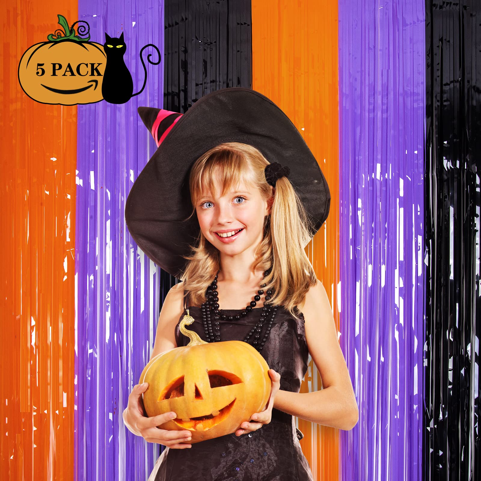 LOLStar 5 Pack Orange Purple Black Photo Booth Props,3.3 X 6.6 ft Halloween Foil Fringe Curtains,Halloween Party Photo Backdrop Streamer Backdrop for Halloween Party Decoration