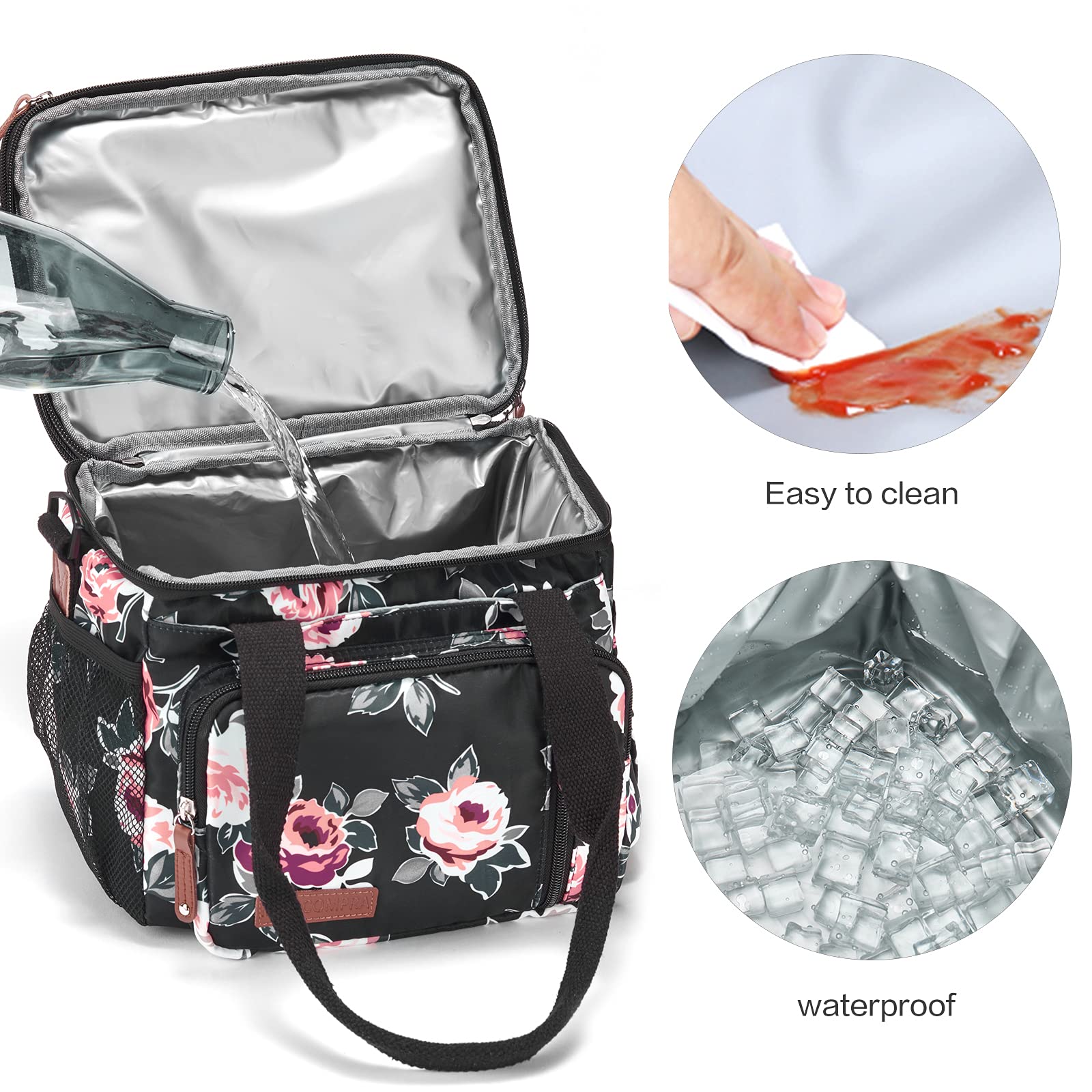 MOV COMPRA Lunch Bag Women Flower Insulated Lunch Box for Work, Expandable Large Lunch Bag, Leakproof Double Deck Lunch Box Cooler Bag with Removable Shoulder Strap(Flower)