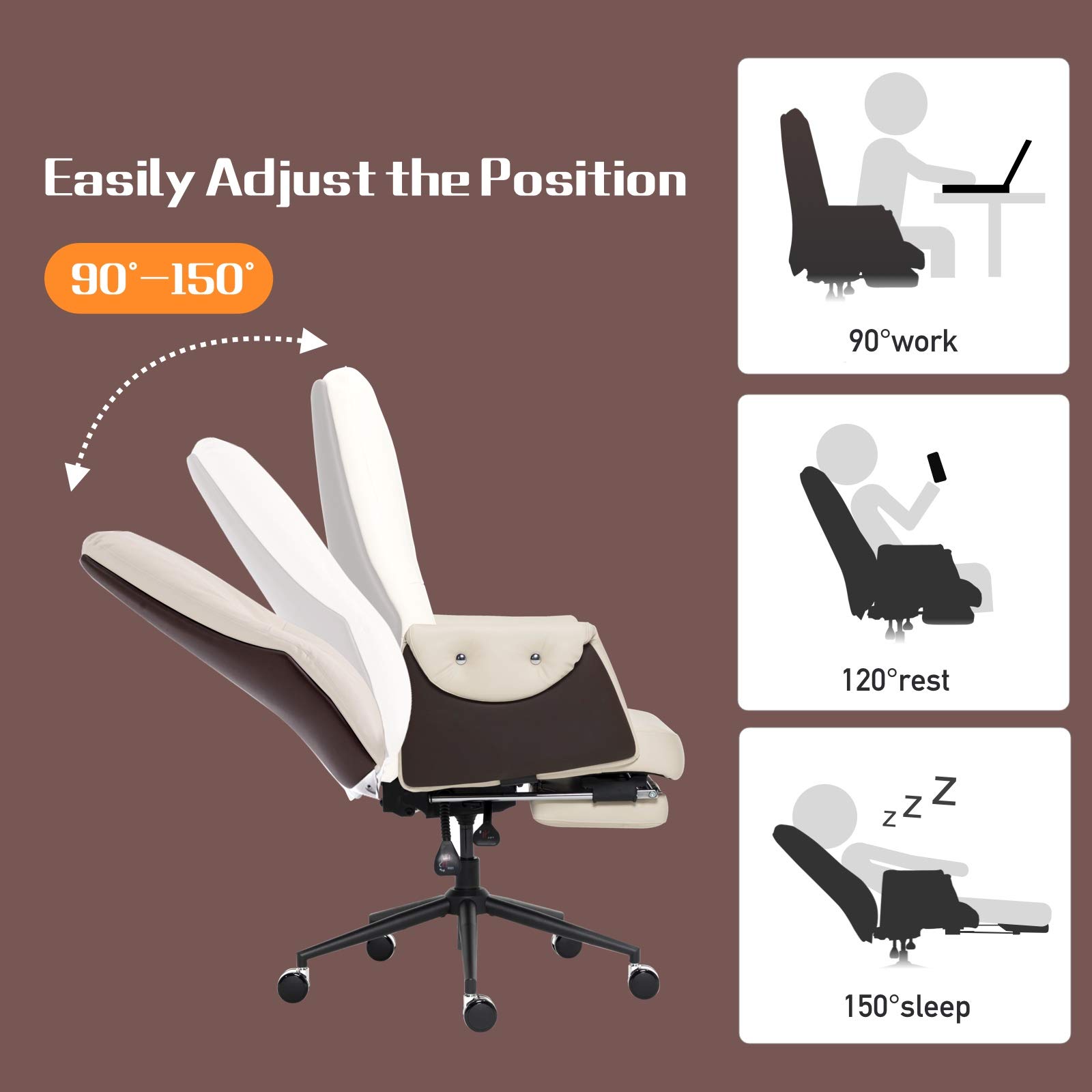 Leather Executive Chair Adjustable Reclining Swivel Office Desk Chair with Hidden Footrest Padded Armrest 350lbs Load-Bearing Strong Iron Frame Ergonomic High Back Master Computer Desk Chair – Beige