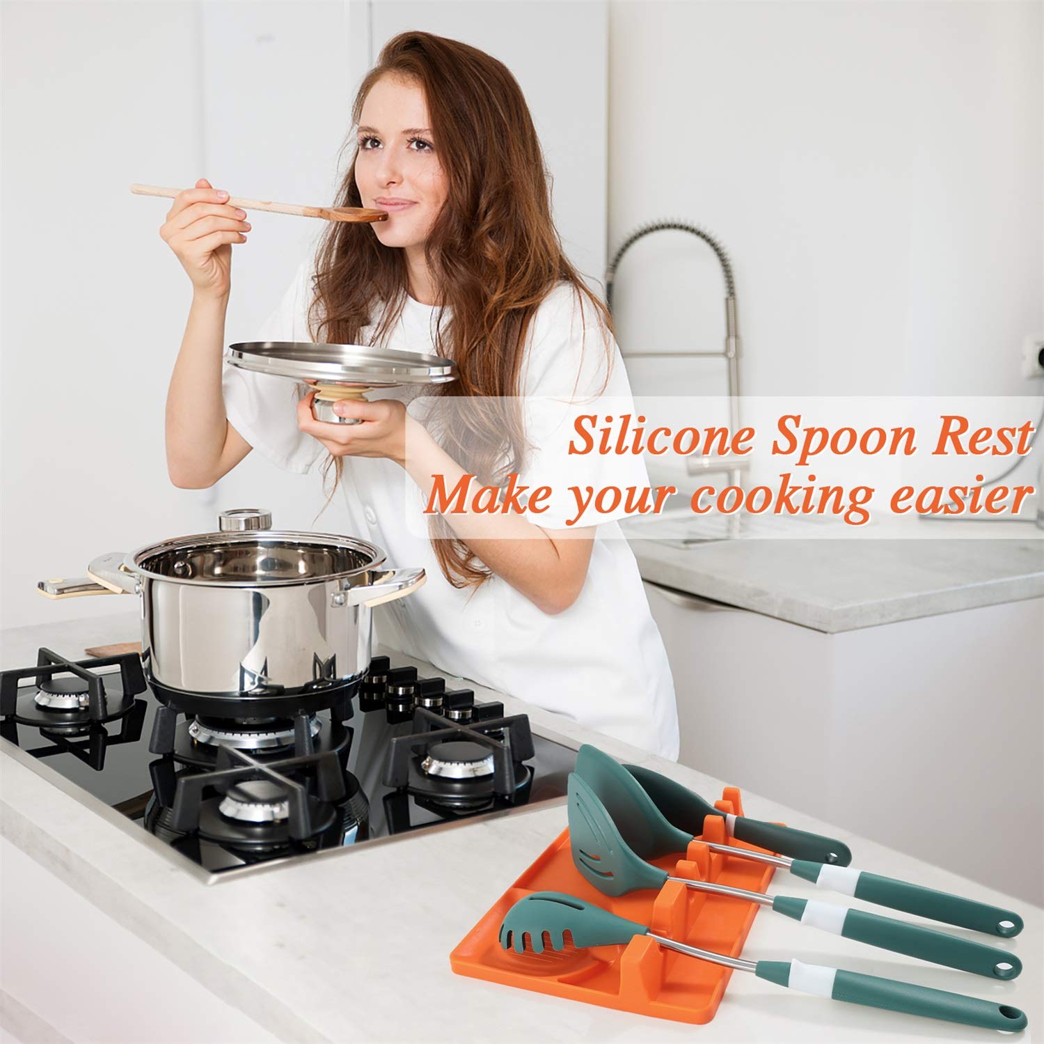 Lyrepie Upgrade Silicone Spoon Rest with Drip Pad, Silicone Utensil Rest Heat-Resistant, Spoon Holder for Kitchen Counter or Stove Top（Spoons are Not Included）