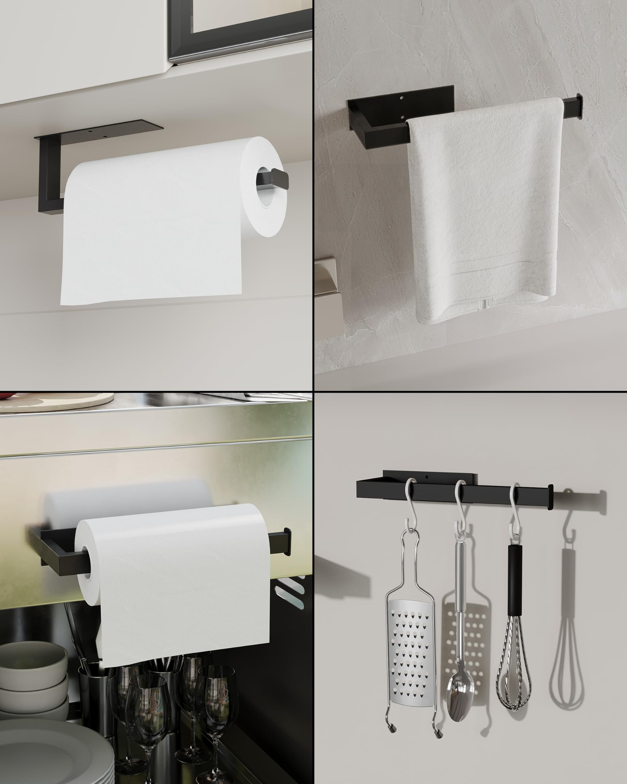 WZKALY Paper Towel Holder, SUS304 Stainless Steel Under Cabinet Paper Towel Bar, Self Adhesive or Wall Mount, Paper Towel Roll Rack for Kitchen and Bathroom (Black)
