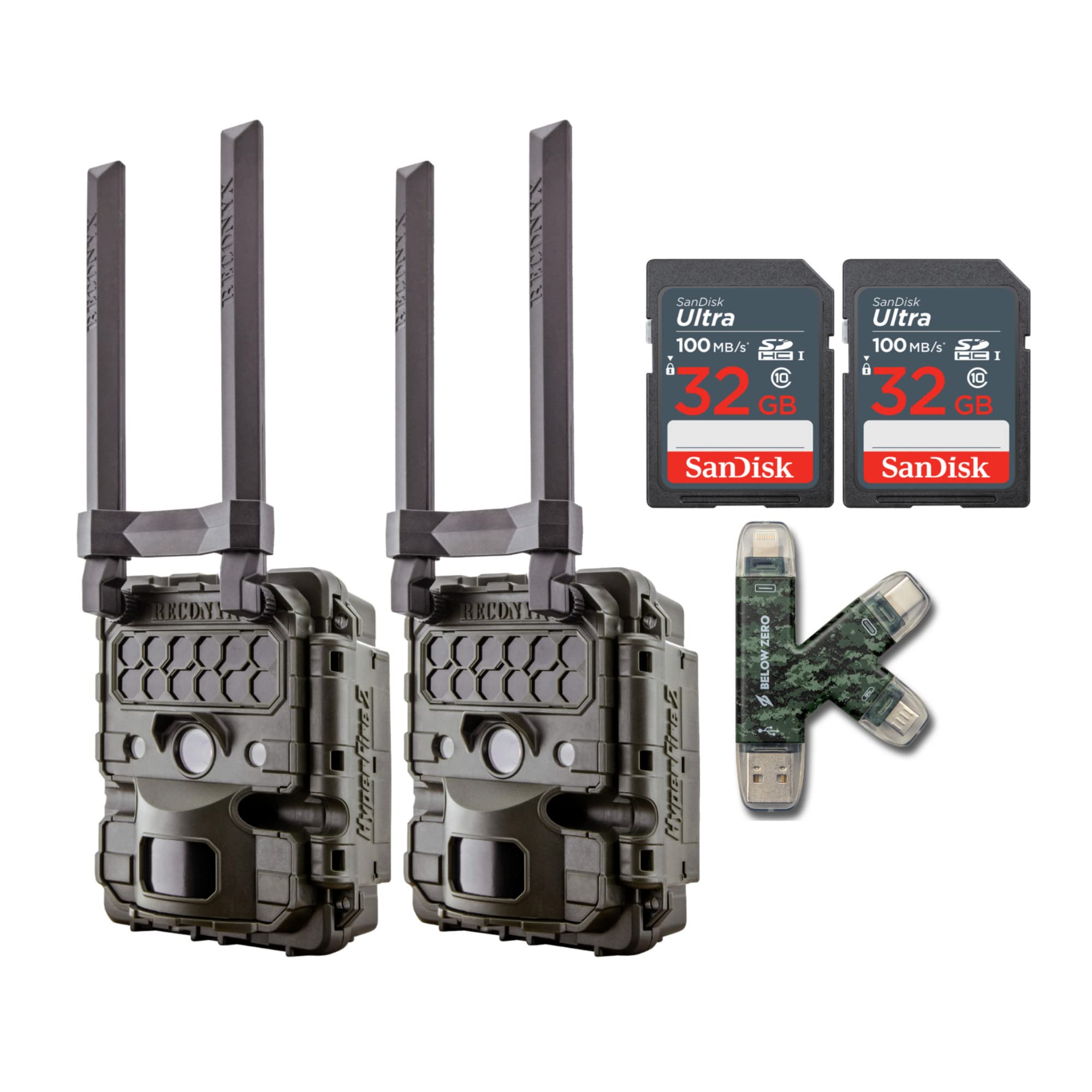Reconyx HyperFire2 Cellular Covert IR Camera (2-Pack) Bundle with 32 GB SD Card (2-Pack) and Card Reader (5 Items)