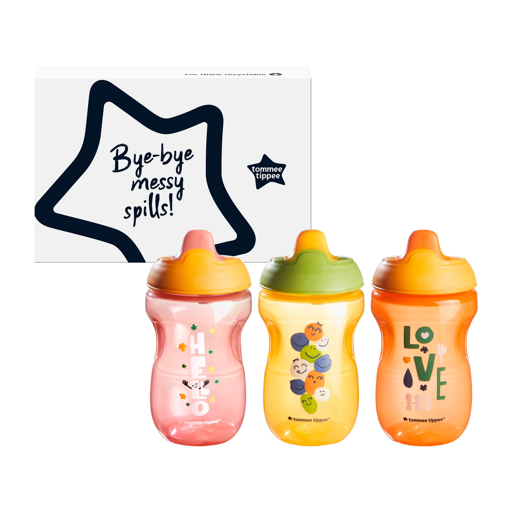 Tommee Tippee Sippee Cup, Water Bottle for Toddlers, Spill-Proof, BPA Free, 10oz, 9+ months, Pack of 3, Red, Blue and Green