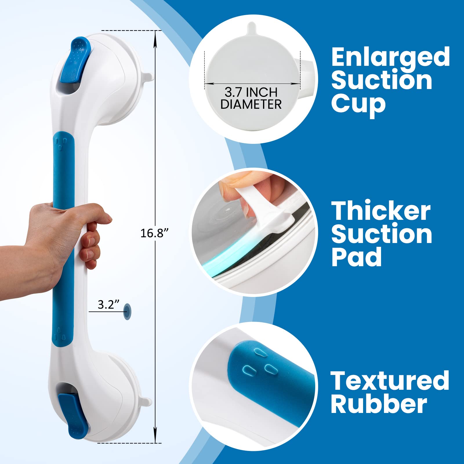 LEVERLOC Shower Grab Bars for Bathtubs and Showers, Easy to Install Suction Shower Handle for Bathroom Removable Safety Grip for Seniors Elderly, Heavy Duty Handrails Waterproof No Drilling, Bule
