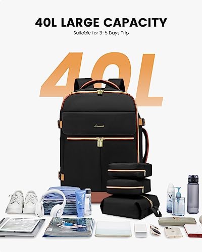 LOVEVOOK Carry On Backpack, 40L Travel Backpack Women with 3 Packing Cubes, TSA Airline Approved Suitcase Bag as Personal Item, Waterproof 17 inch Laptop Backpack for Weekender Overnight, Black Brown