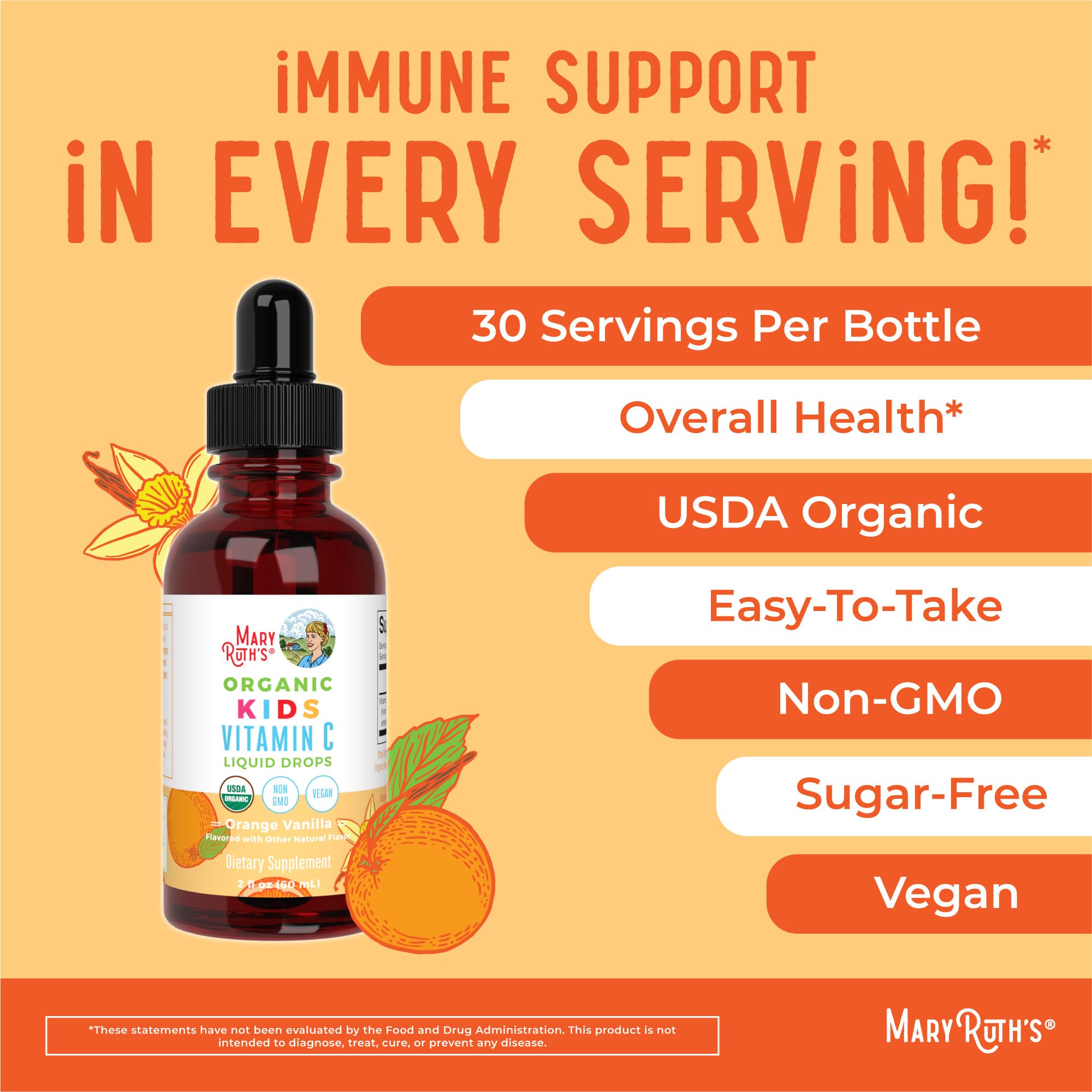 MaryRuth Organics USDA Organic Kids Vitamin C Drops | Vegan Vitamin C Immune Support Supplement for Ages 4-13 | Immune Support & Overall Health | Vitamin C from Organic Acerola Fruit Extract | 2oz