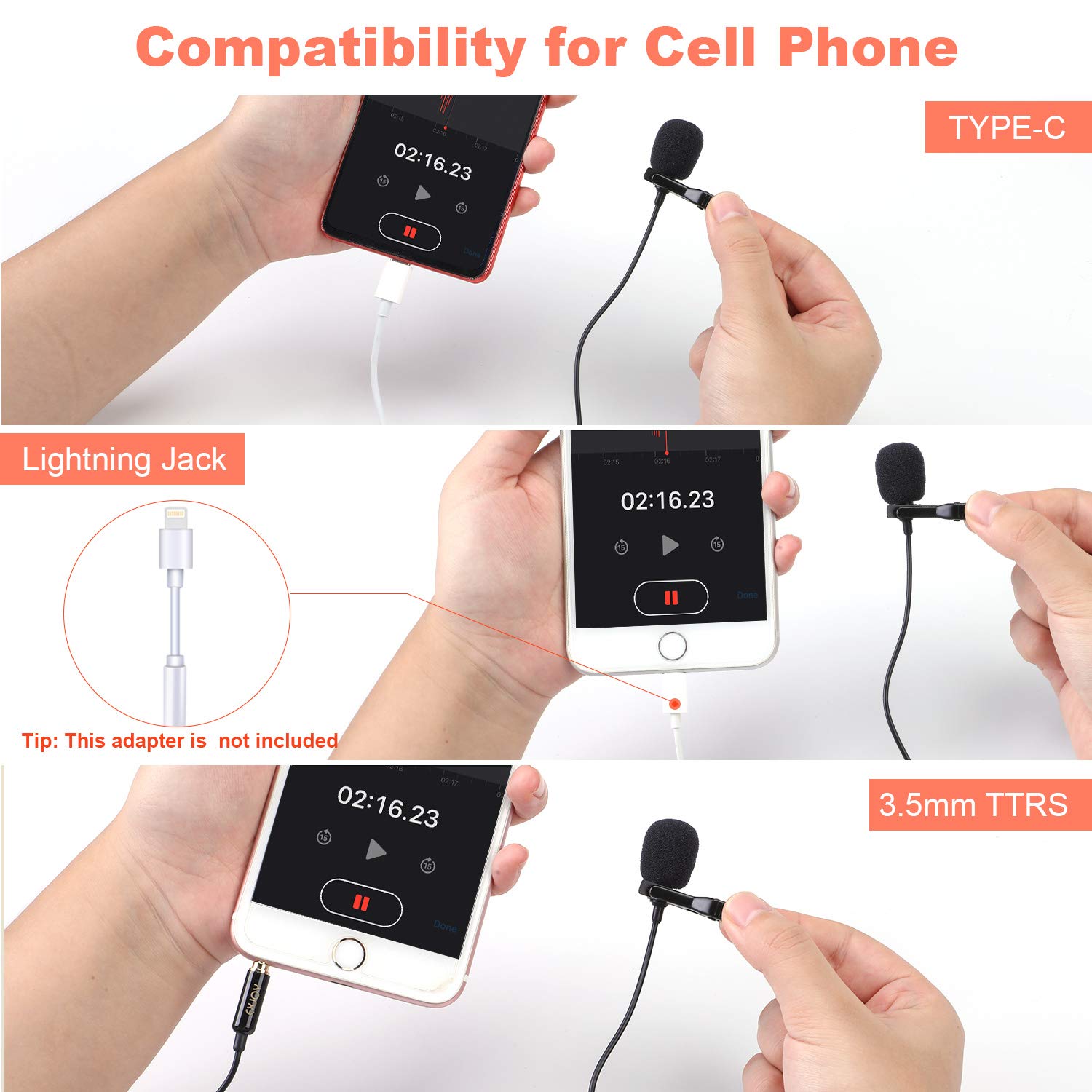 Lavalier Microphone with 2m Audio Extension Cable and Type-C Adapter EXJOY Lavalier Condenser Microphone for YouTube/Interview/Videoconference/Podcast
