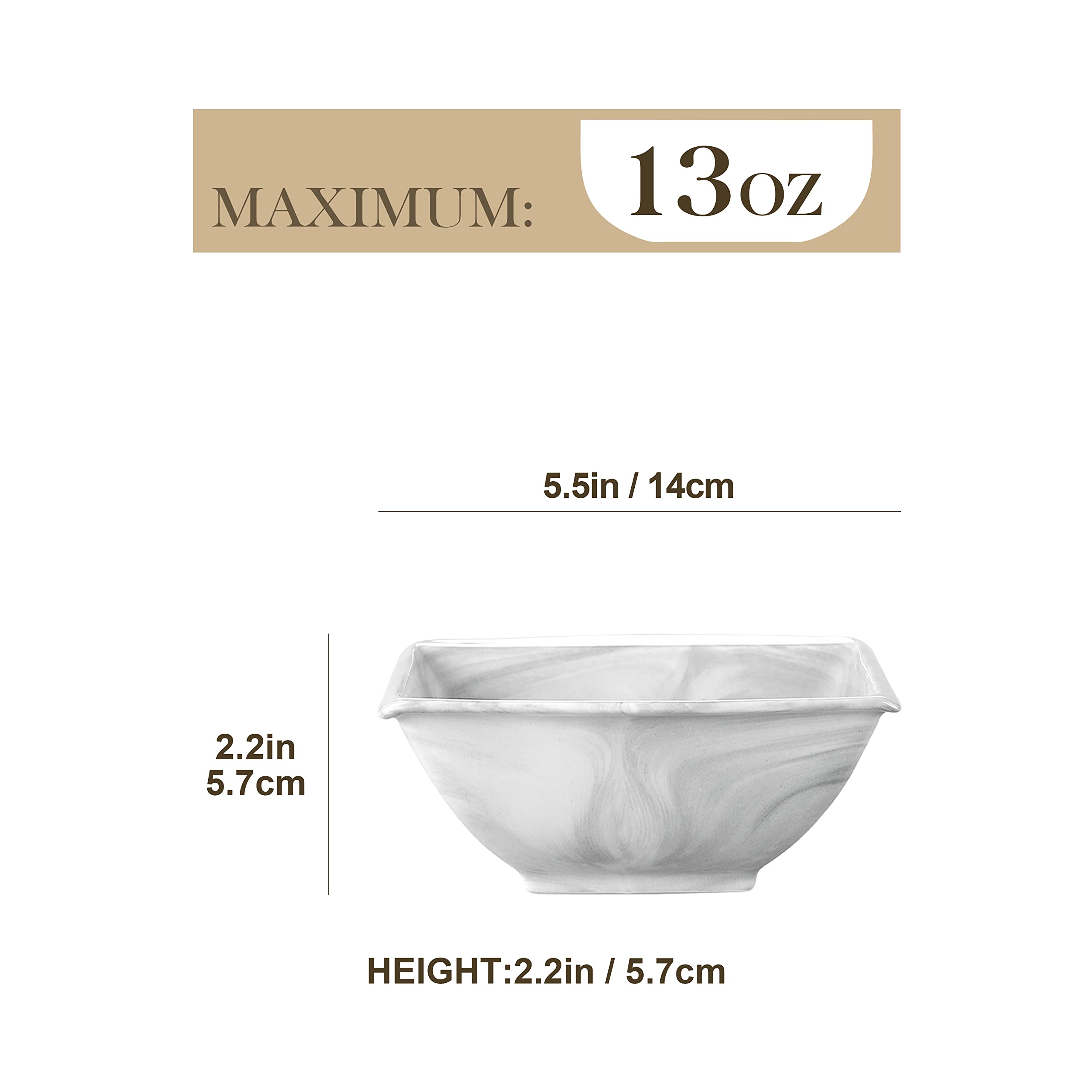 MALACASA Marble Grey Cereal Bowls, 13 Ounce Square Dessert Bowls Side Dish Bowls, Serving Bowls Set for Ice Cream, Salad, Pudding and Pasta, Set of 6, Series Blance