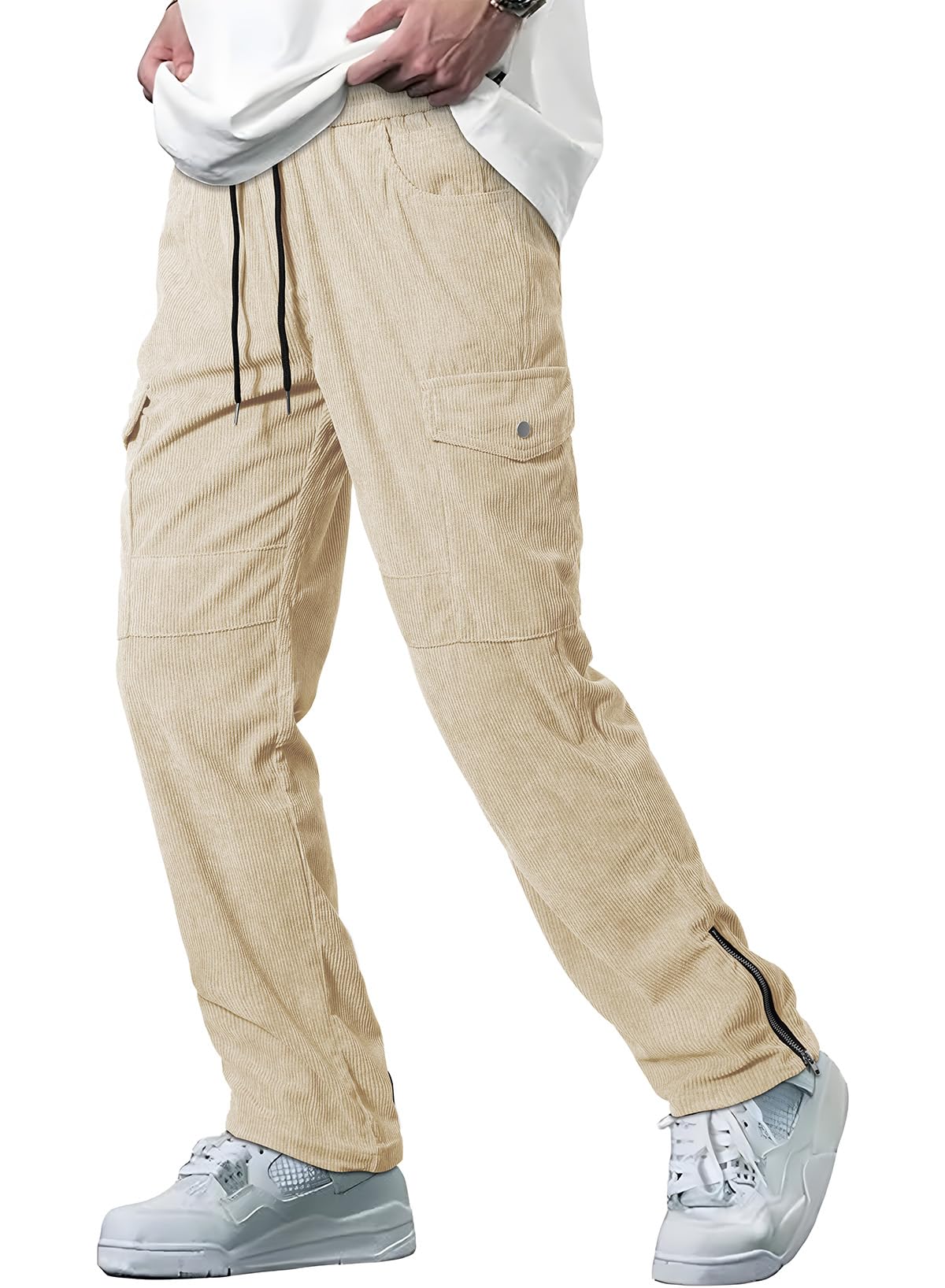 JMIERR Mens Casual Corduroy Pants Elastic Waist Drawstring Joggers Bell Bottom Pants with Flap Pockets Slim Fit, US 32(S), E3 Khaki