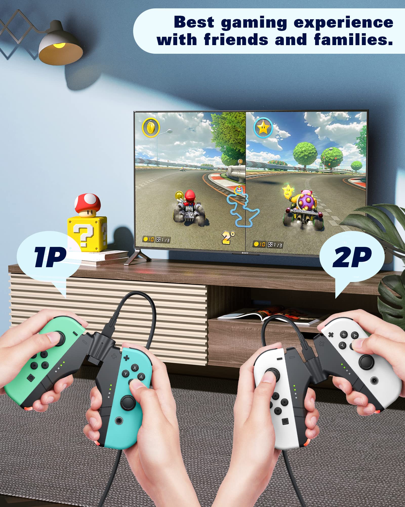 Narati Joycon Charging Grip for Nintendo Switch OLED, 4 in 1 Controller Charging Dock Station, 2 Portable V-Shaped Charger Grip with LED and 3rd Party JoyPad with Type C Cable & 4 Thumb Grip Caps
