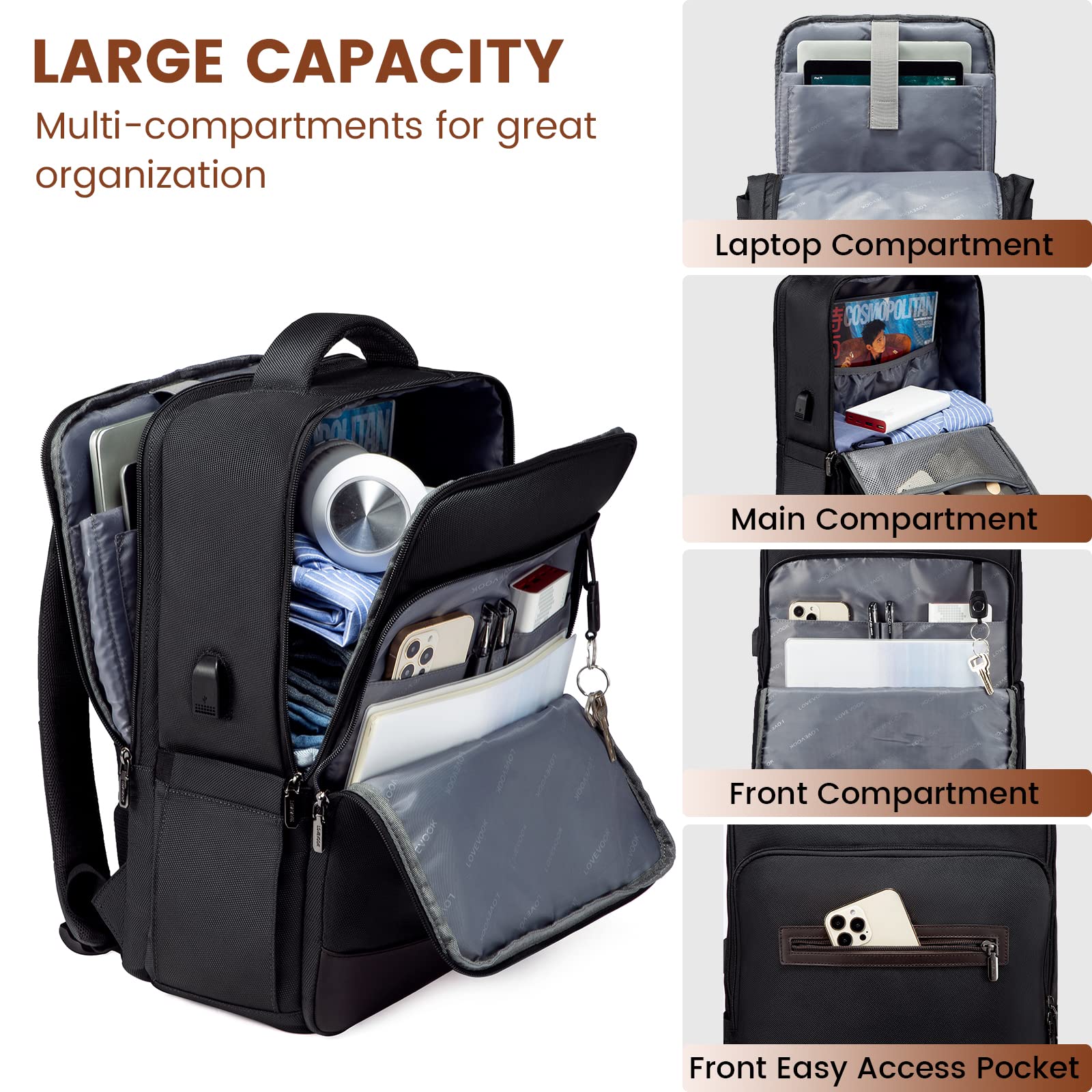 LOVEVOOK Laptop Backpack for Men, Waterproof Work Computer Backpack, Anti Theft Travel Business Backpack with USB Charging Port for Womens, College Backpack Fits 17 Inch Laptop, Black