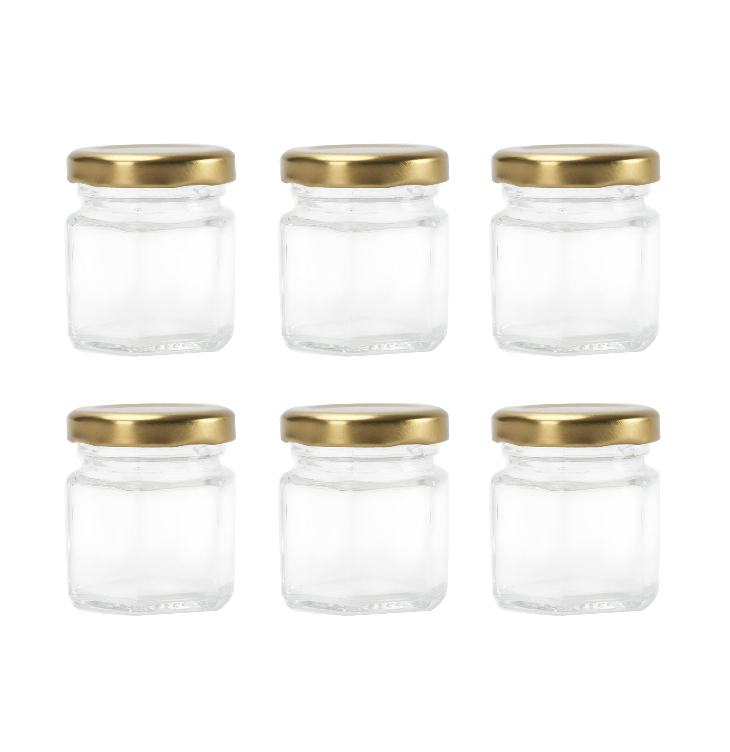Rormket 1.5oz 6Pack Mini Glass Hexagon honey Jars Gold Lids, Jam Honey Dipper,Wedding Favors,Baby Food,Candle,Crafts Canning Jar,Glasses jar (Golden)