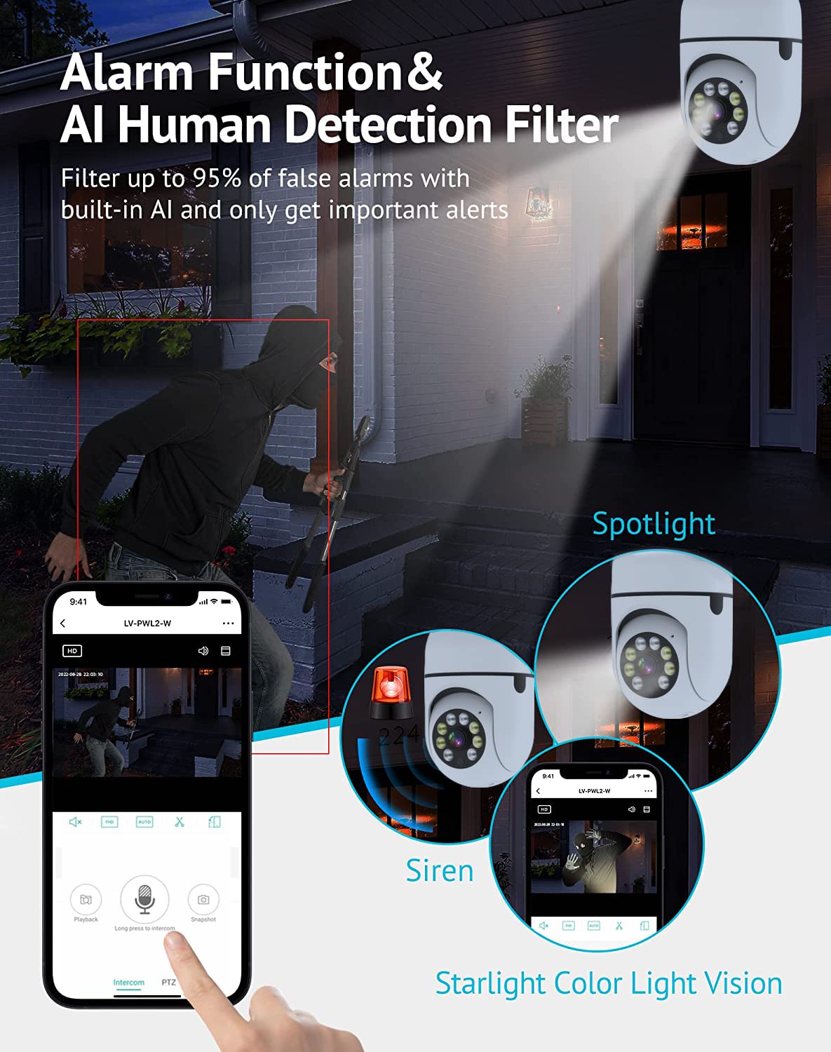 Light Bulb Security Camera Wi-Fi Outdoor 2.4GHZ, 360° Lightbulb Security Camera 1080P Wireless, Color Night Vision, Motion Detection, Compatible with Alexa/Google, E27 Socket