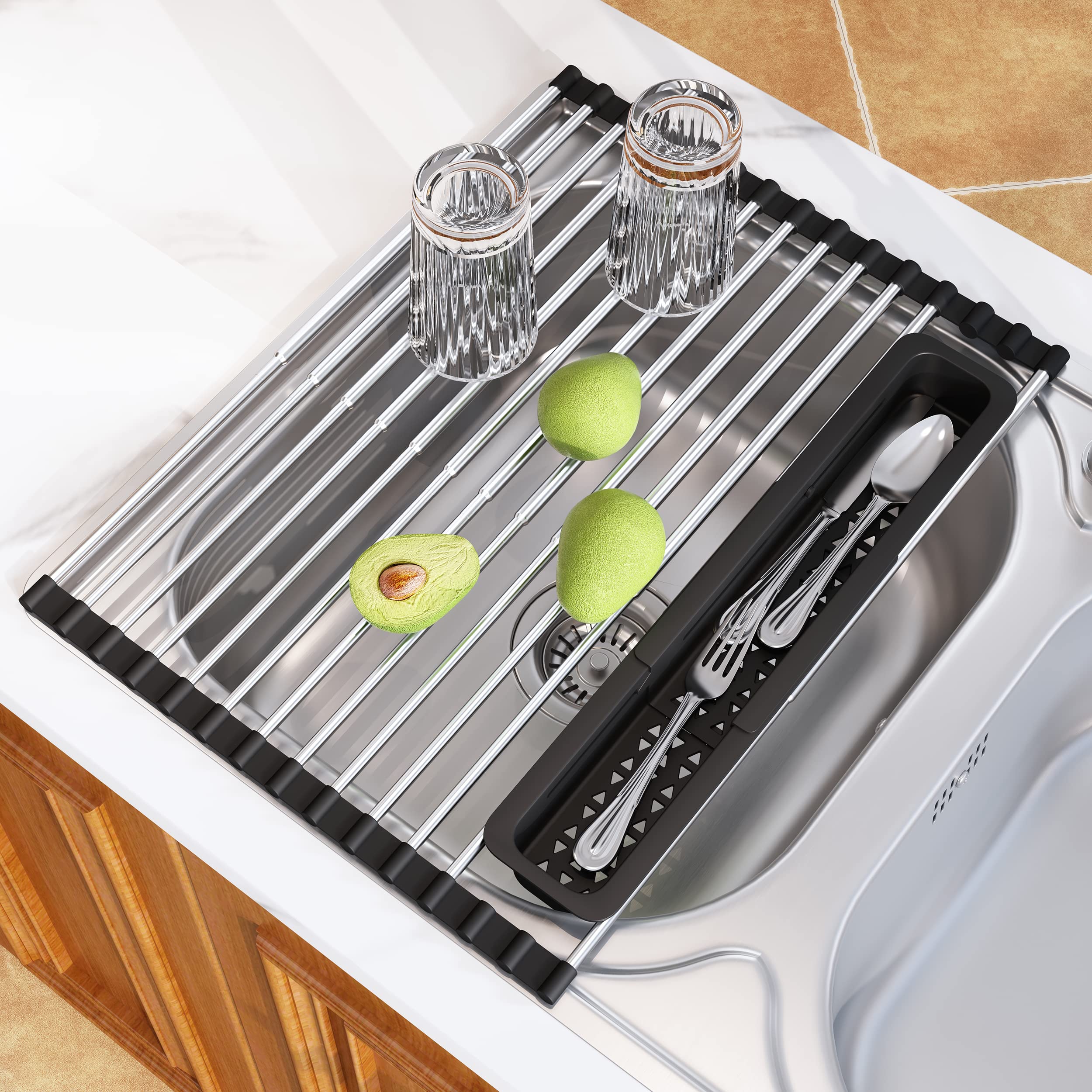 JASIWAY Roll Up Dish Drying Rack, Over The Sink Dish Drying Rack, Foldable, Portable,304 Stainless Steel Dish Drainers for Kitchen Inside Sink Counter (Black, 17.5" x12“)