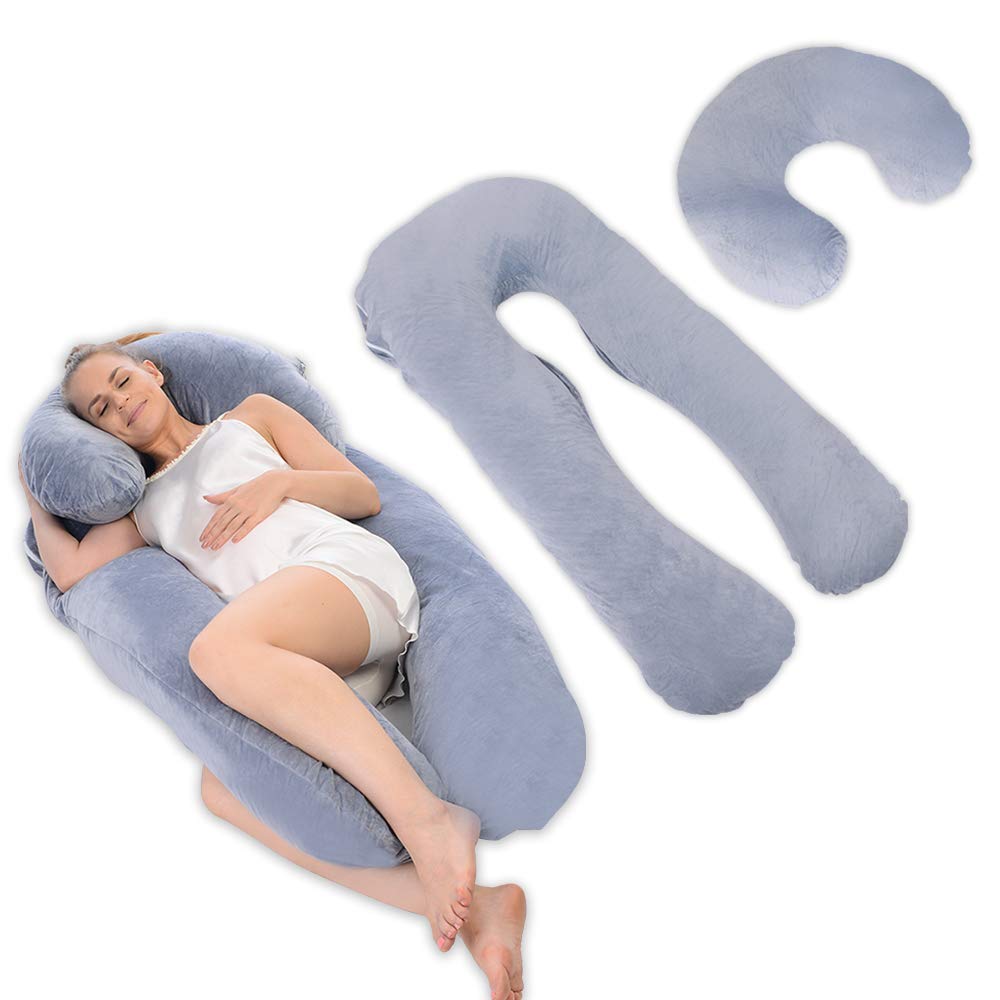 MANDZIXIN Pregnancy Pillow, Maternity Body Pillow with Velvet Separate Support Pillow and Removable Cover,Side Sleeping and Back Hips, Legs, Belly Support for Pregnant Women (Grey, U Shaped)