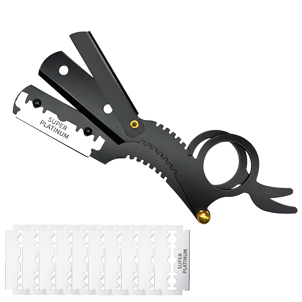 Straight Razors For Men, Barber Tools Salon Manual Shaver Beard Hair Trimmer razors, Navajas Para Barbero, Comes with 10 wrapped razor blades(Black)