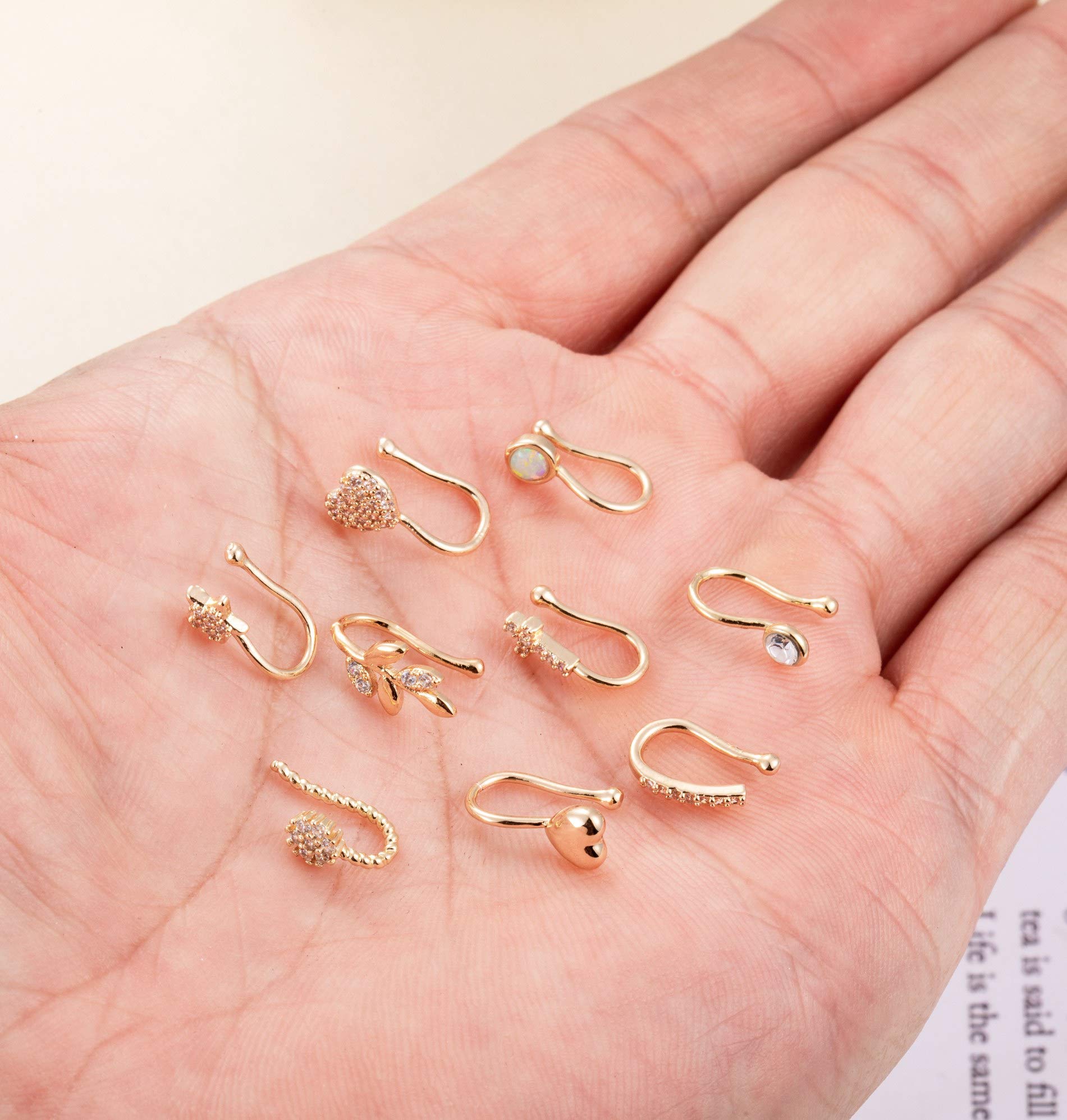 Masedy 9Pcs Fake Nose Rings Hoop Clip On Faux Setump Cartilage Tragus Ring Non Piercing Jewelry G