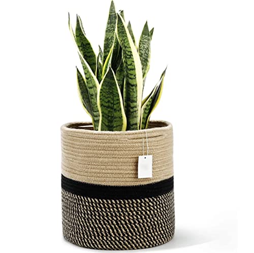 Medium woven Storage Basket Decorative Rope Basket Wooden Bead Decoration for Blankets,Toys,Clothes,Shoes,Plant Organizer Bin with Handles Living Room Home Decor, Jute.