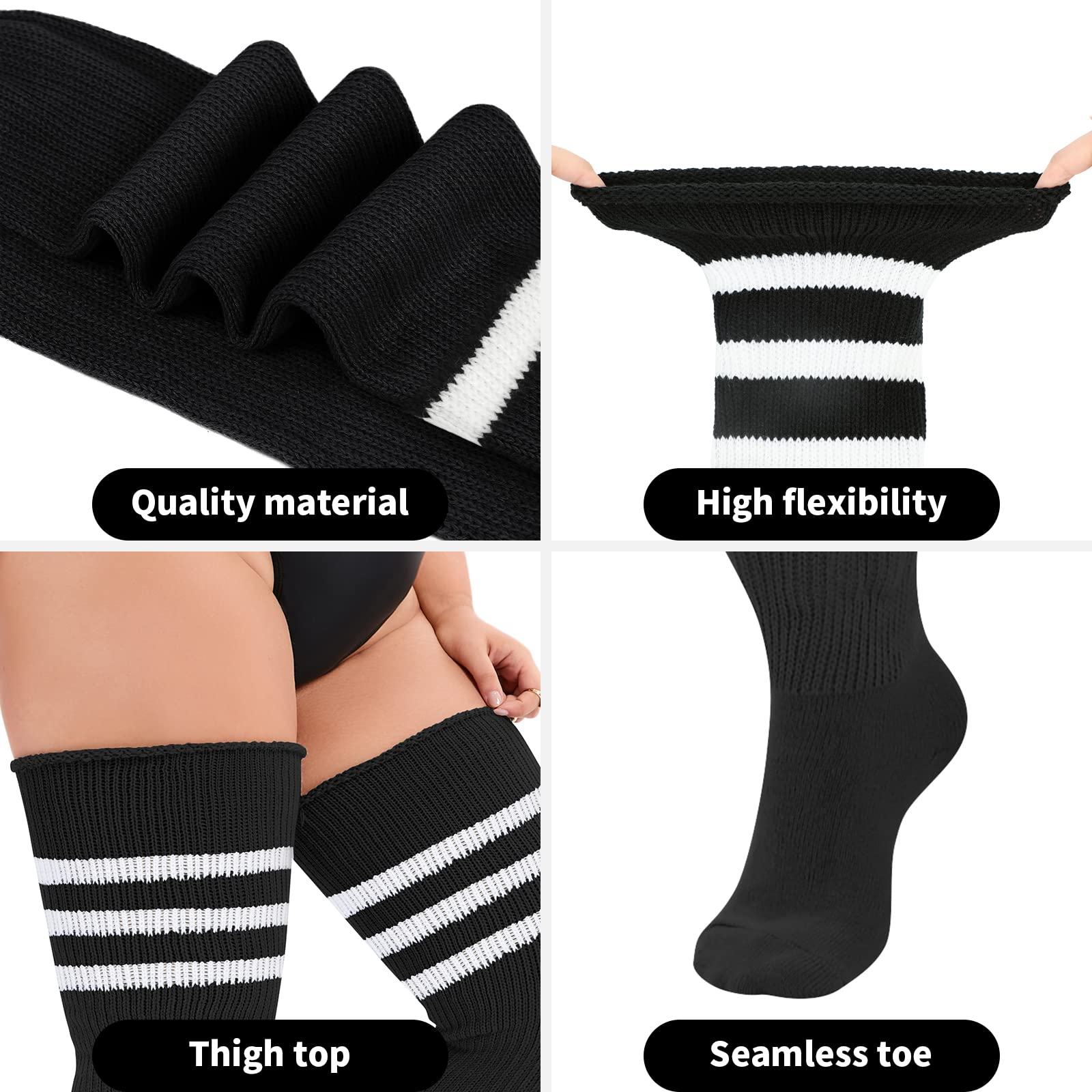 Plus Size Womens Thigh High Socks for Thick Thigh Extra Long Over the Knee Stockings Leg Warmers Boot Socks Black White One Size