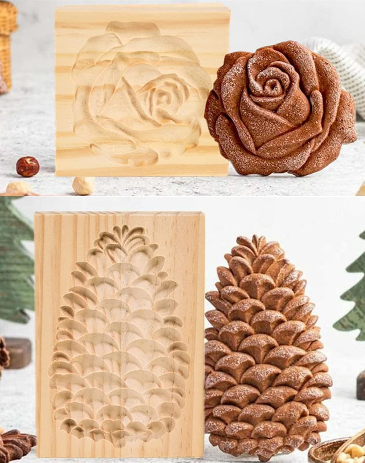 Ouhoe Cookie Cutter Embossing Mold,Pine Cone & Rose 2PC Funny Wooden Cookie Stamps for Baking,Gingerbread Mold,Pine Cone Mold,Baking Moulds. (Pine Cone & Rose), 10 x 10 x 2.5cm