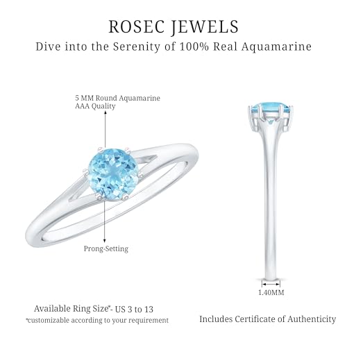 Natural Aquamarine Promise Ring for Women, AAA Quality, Certified March Birthstone Ring - With Jewelry Box, 14K White Gold, Size:US 4.00