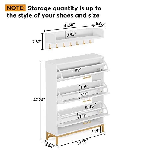 Tribesigns Narrow Shoe Cabinet, Shoes Cabinet and Coat Rack Set, Flip Drawer Shoe Storage Cabinet for Entryway, White Shoe Organizer Cabinet