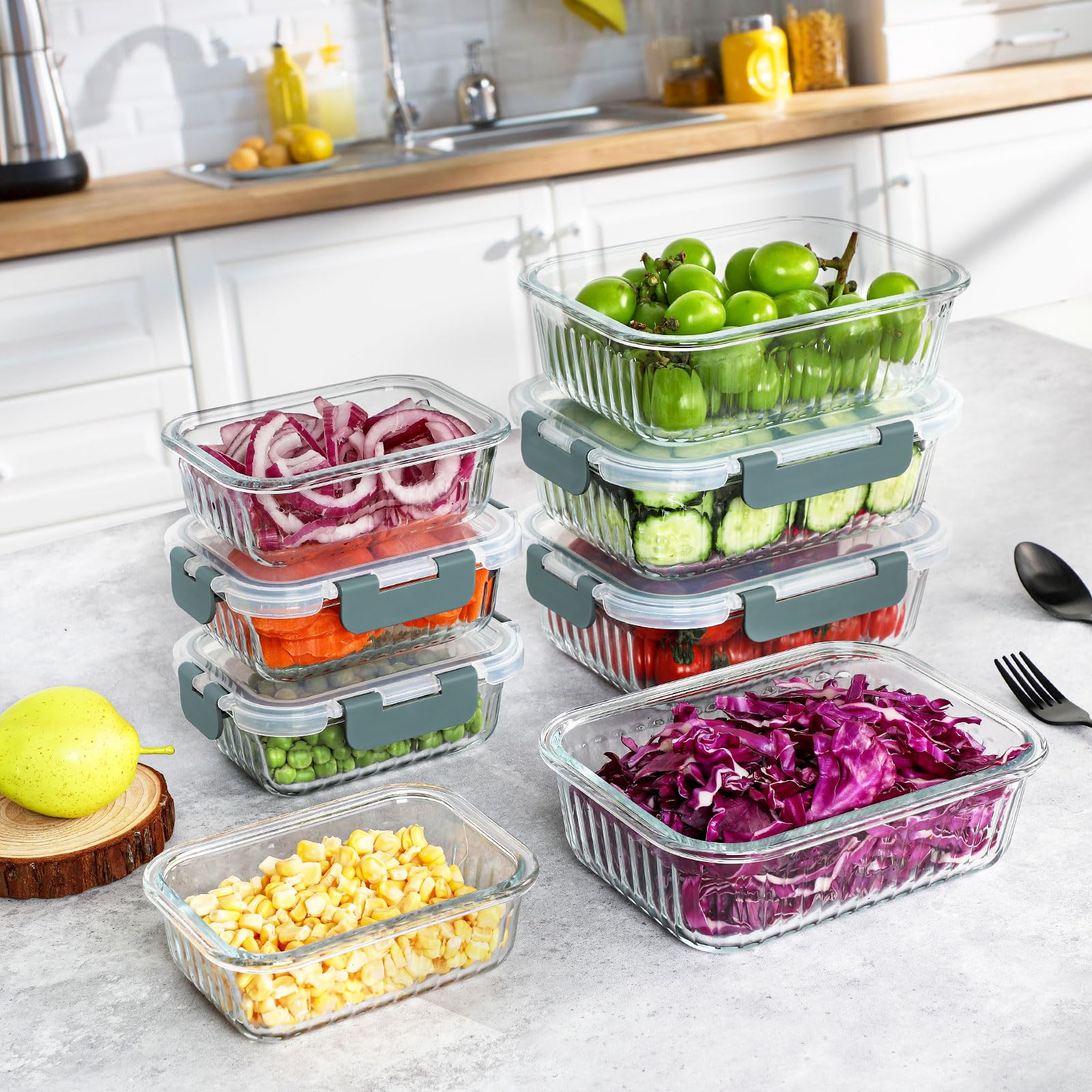 KOMUEE 10 Packs Glass Meal Prep Containers with Lids, Glass Food Storage Containers Set, Airtight Lunch Containers, Microwave, Oven, Freezer and Dishwasher Friendly, Gray
