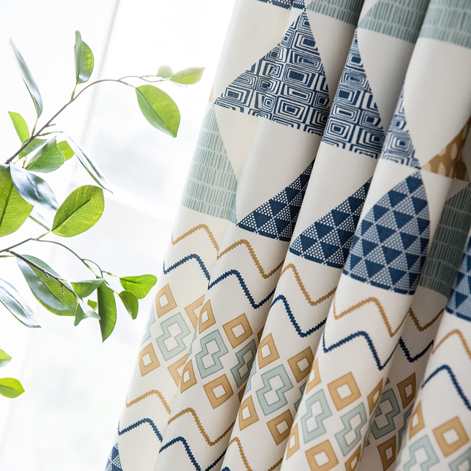 Linen Blackout Window Curtain Triangle Geometric Boho Curtains 96 Inch Long Kids Room Darkening Window Panel Drapes Set for Living, Dining, Bedroom,Diamond Print Window Treatment Drapes ,2 Panels