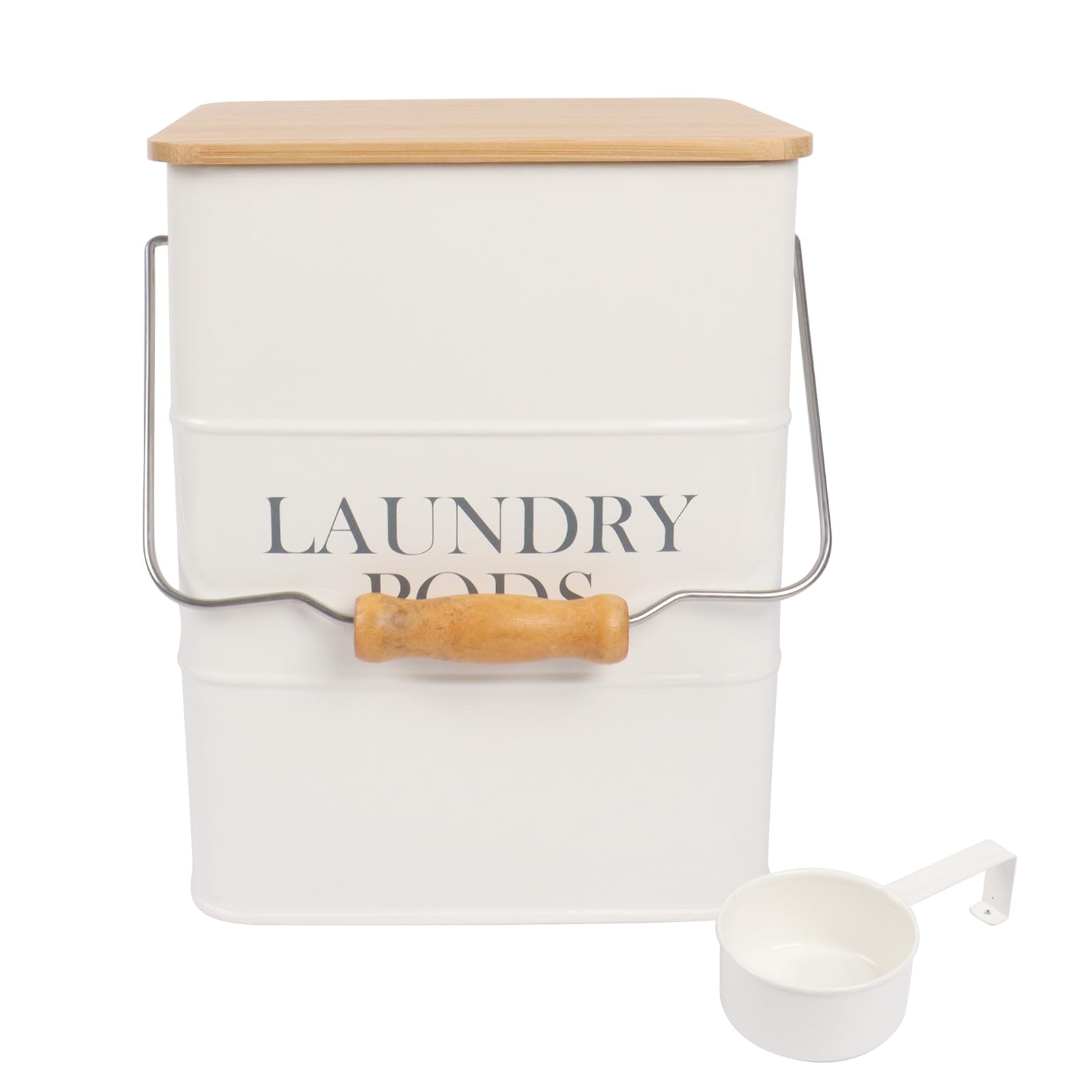 Xbopetda Laundry Pods Container, Metal Laundry Pod Holder with Bamboo Lid, Laundry Detergent Capsules Pods Storage with Scoop for Laundry Room Organization and Storage, Modern Farmhouse Decor, White