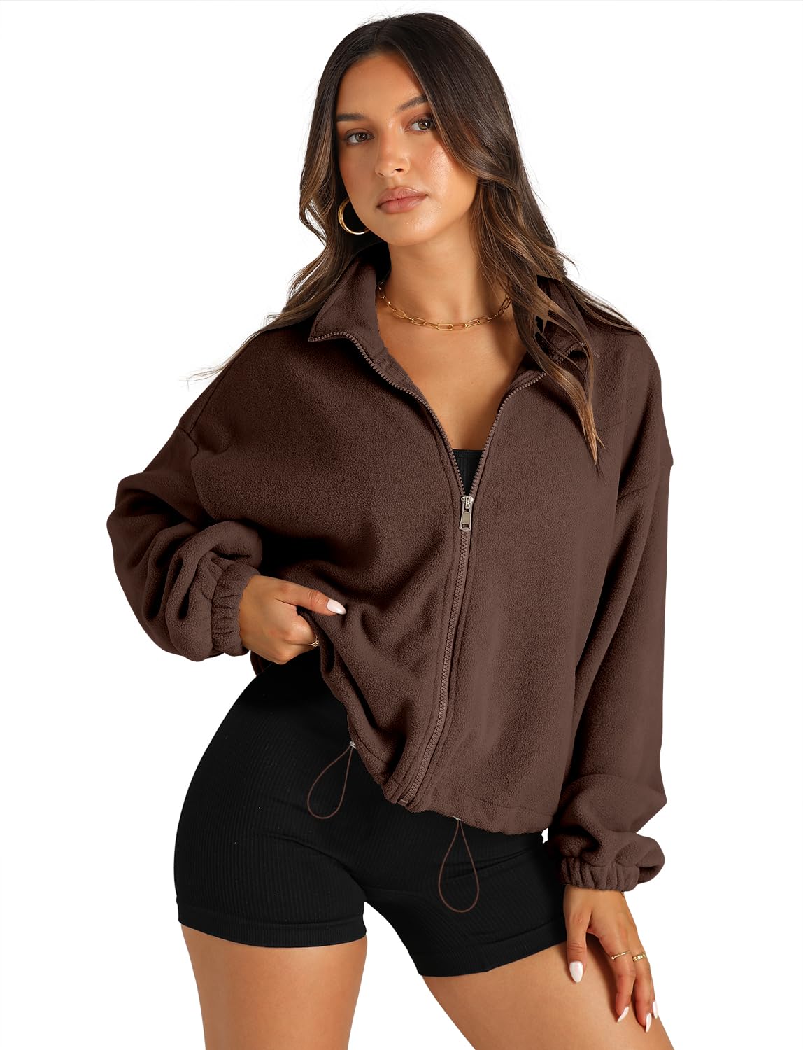 JZC Women's Zip Fleece Short Jacket Warm Winter Long Sleeve Sweatshirt Sherpa Crop Coat Brown Small