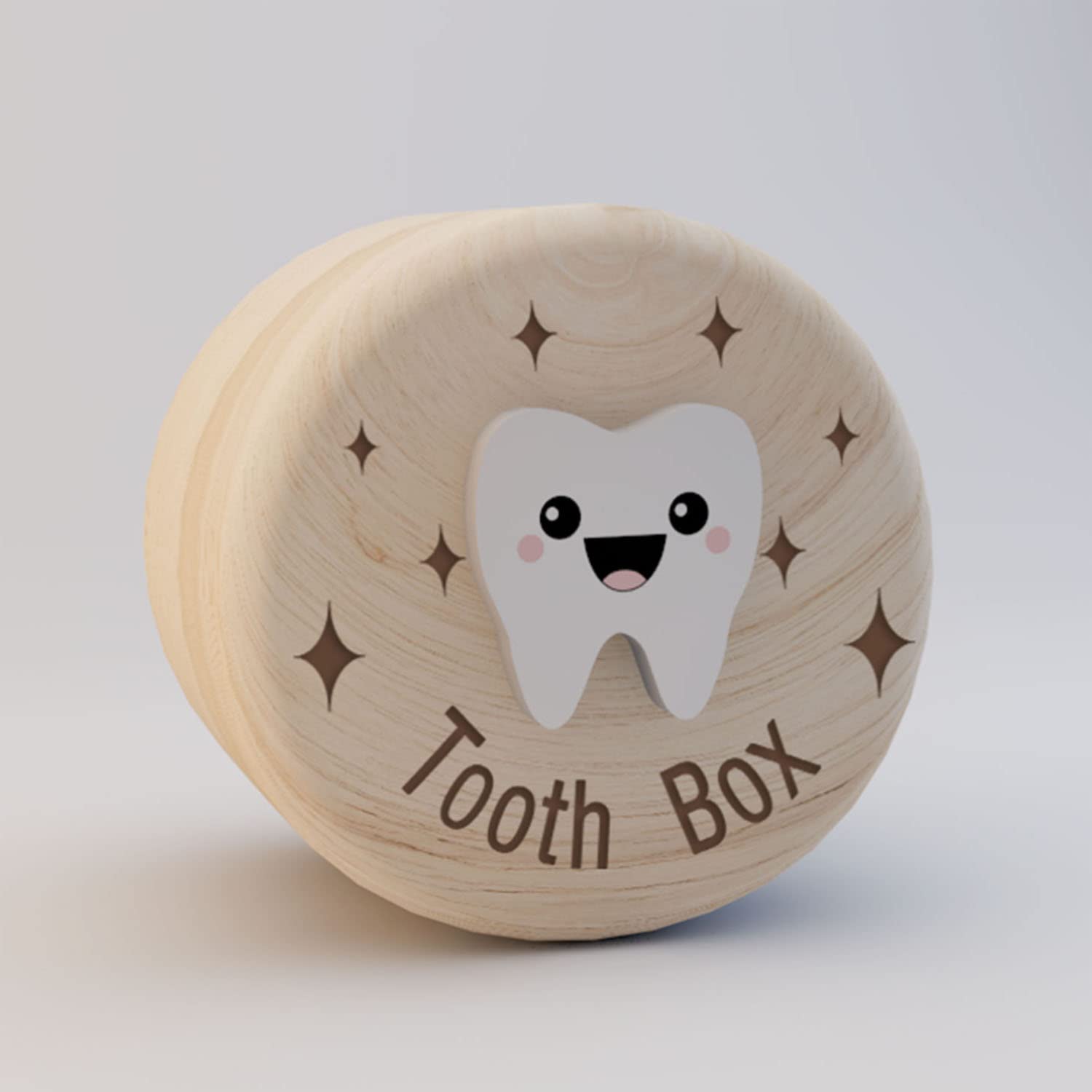 Tooth Box for Kids, Tooth Fairy Wooden Box with Engraved Four-Pointed Star and 3D Tooth, Stores Lost Teeth for Boys and Girls Easy to Carry, Dropped Tooth Keepsake Storage Box (Tooth)