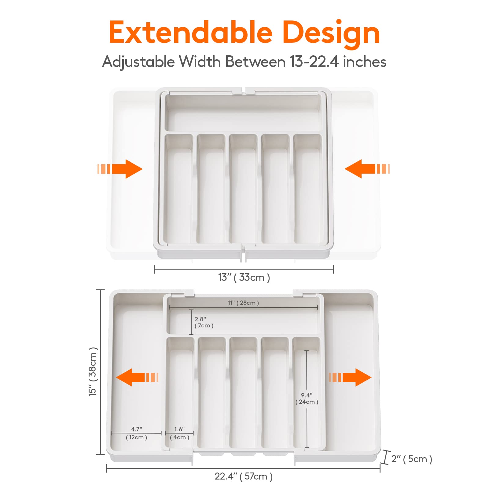 Lifewit Silverware Drawer Organizer, Expandable Utensil Tray for Kitchen, BPA Free Flatware and Cutlery Holder, Adjustable Plastic Storage for Spoons Forks Knives, Large, White