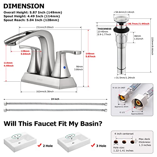 PARLOS 2 Handles Waterfall Bathroom Faucet with Pop-up Drain and Faucet Supply Lines, Brushed Nickel, Doris 14068