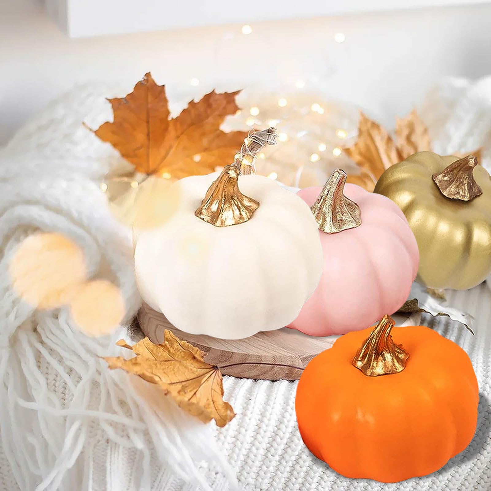 Lebsitey 16Pcs Gold Artificial Pumpkins, Fall Artificial Pumpkins Fake Pumpkins for Halloween Fall Thanksgiving Decorating Displaying (Gold)