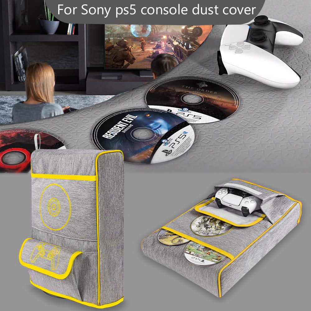 MASiKEN Console Cover - For PS5 Universal Controllers Protective Guard, 12 Pcs Disc Pocket With Easy Access Cable Port, Soft Velvet Linning Dust Cover Protector For ps5 (Yellow)