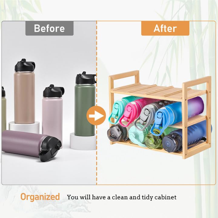 Meegoo Water Bottle Organizer, Bamboo Stackable Water Bottle Holder, 12 Freestanding Water Bottle Holder Rack, Storage for Cabinet Kitchen Countertops, Table Top, Pantry, Classroom, Yoga Room, Gym