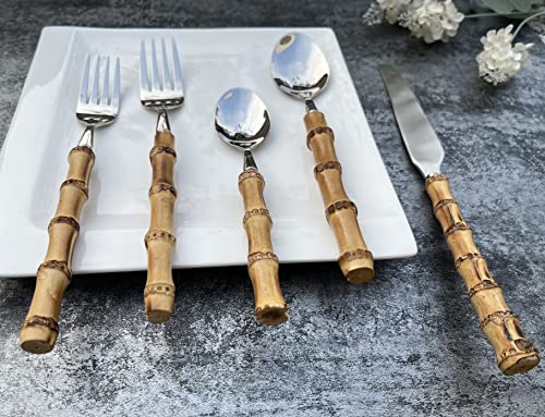 Nature Real Bamboo Handle Flatware 5-Piece Set, Stainless Steel 18/10 Food Safety Grade Silverware Cutlery Set Eating Utensils Matte Silver (Nature bamboo 5 pcs set)